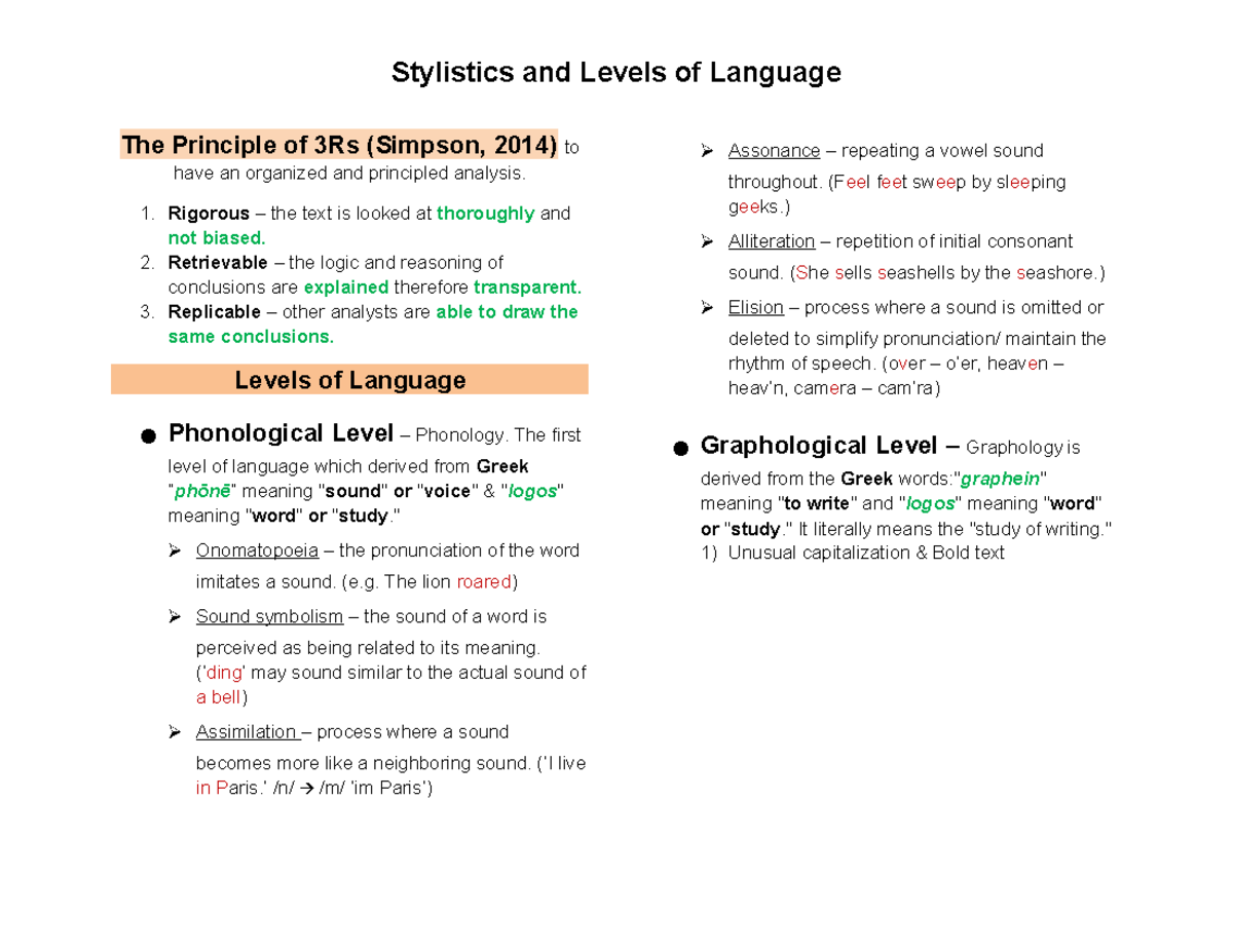 LNG 301: Stylistics & Levels of Language Analysis Overview - Studocu
