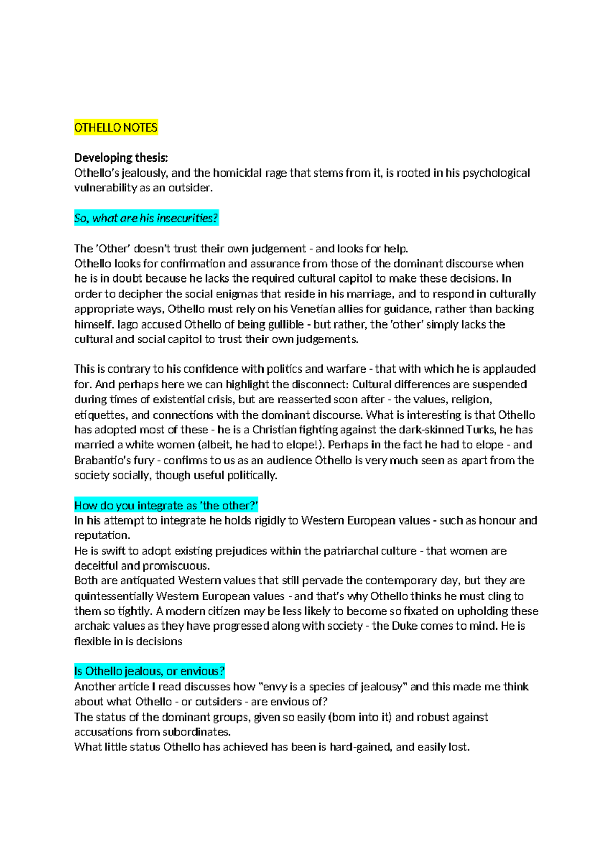 Othello & Jasper Jones: Cultural Capital and Insecurity Analysis Notes ...