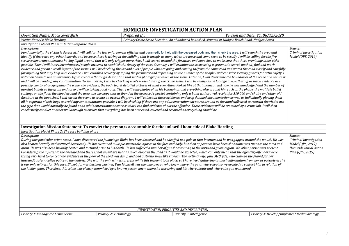 Homicide Investigation Action Plan Template (Mock Swordfish Operation ...