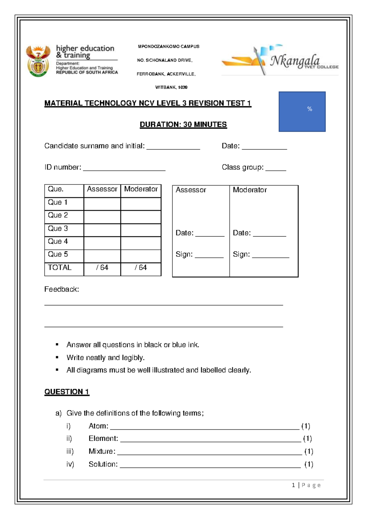 Material Technology NCV Level 3 Revision Test 1 - Study Guide - Studocu