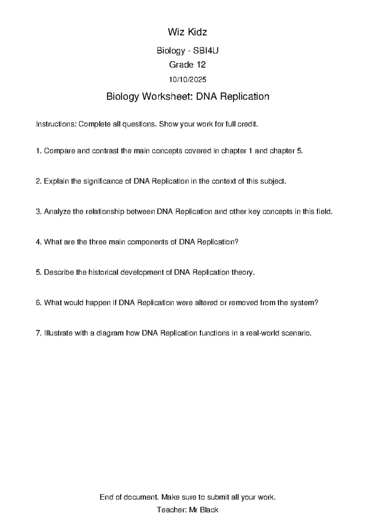 SBI4U Grade 12 Biology Worksheet: DNA Replication Concepts & Analysis ...