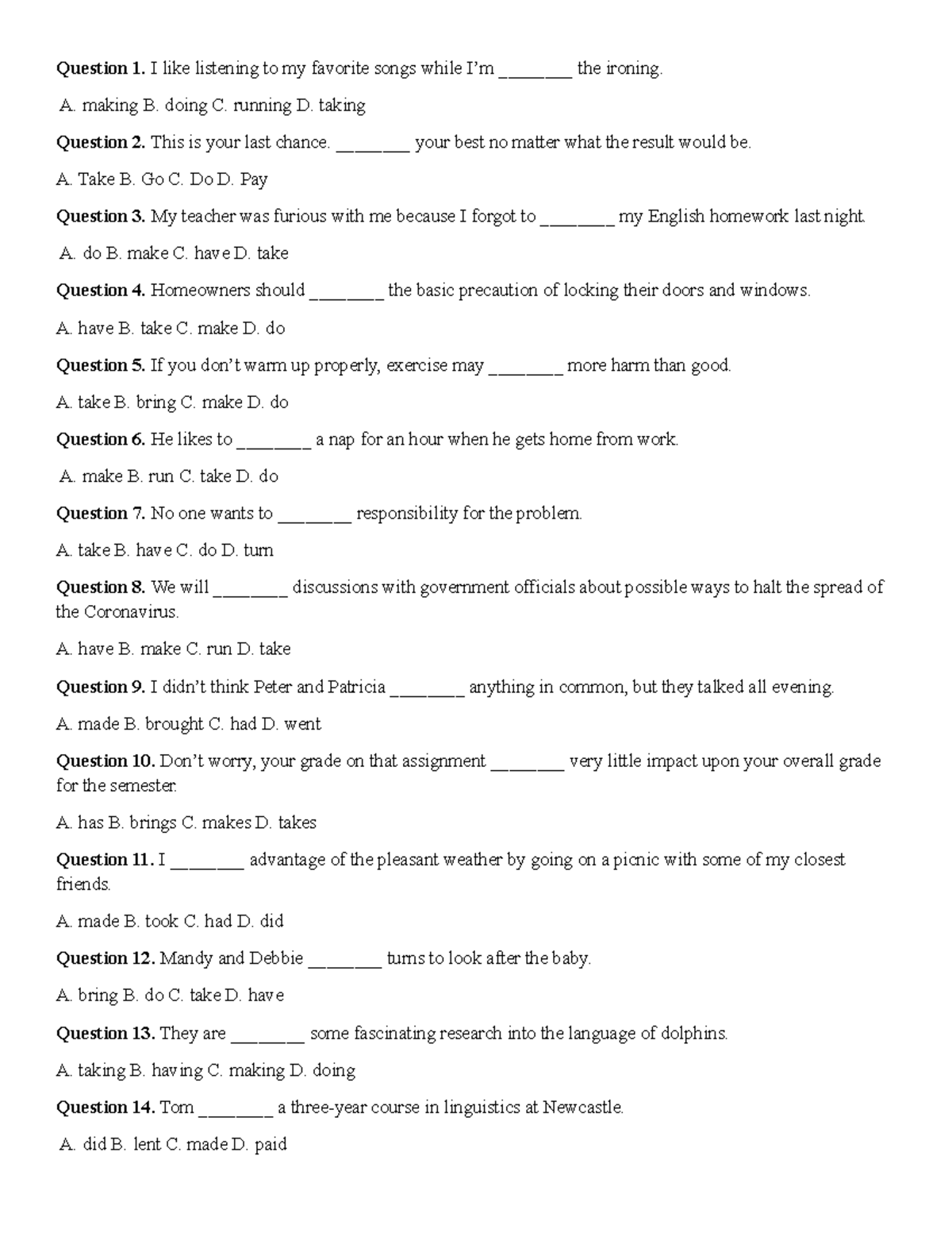 Practice Phrasal Verbs & Collocations: Exercises and Questions - Studocu