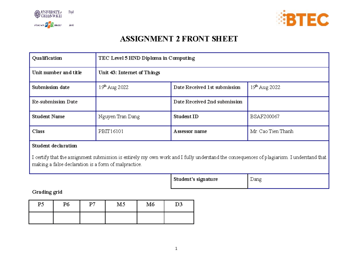 ASM2 Io T Nguyen Tran Dang - ASSIGNMENT 2 FRONT SHEET Qualification TEC Level 5 HND Diploma in ...