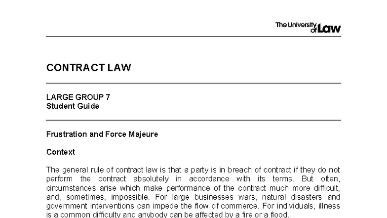 CONTRACT LAW LG07 CE01 Student Guide: Frustration & Force Majeure - Studocu