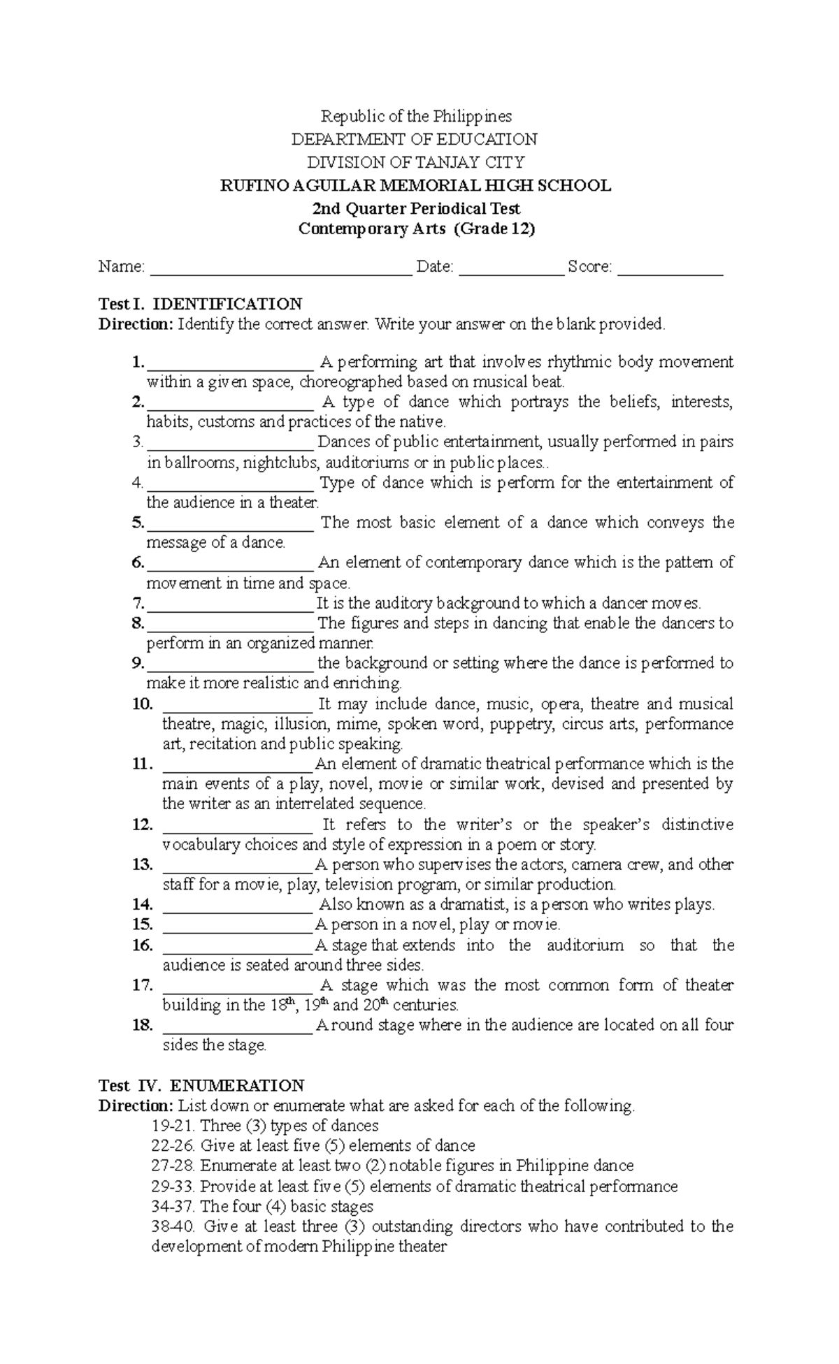 2nd Periodical Test - Republic of the Philippines DEPARTMENT OF ...