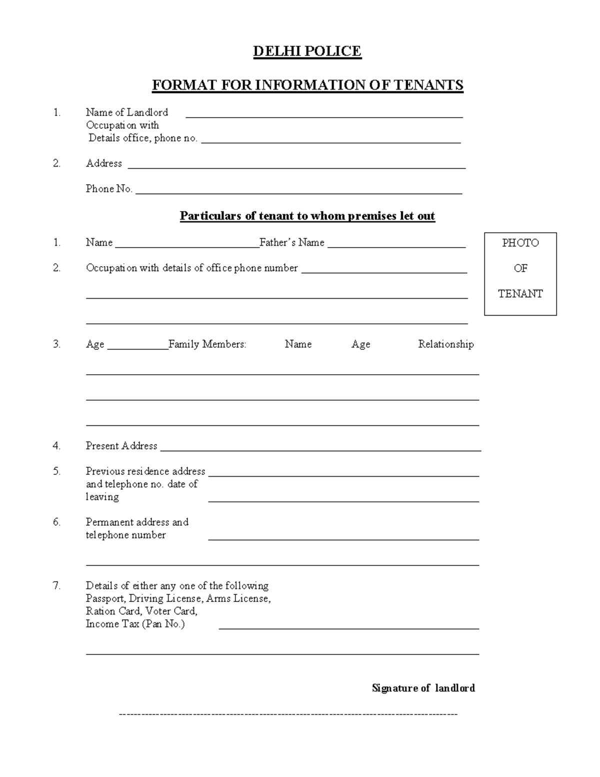 Tenant Verification Form for Delhi Police - Information Format - Studocu