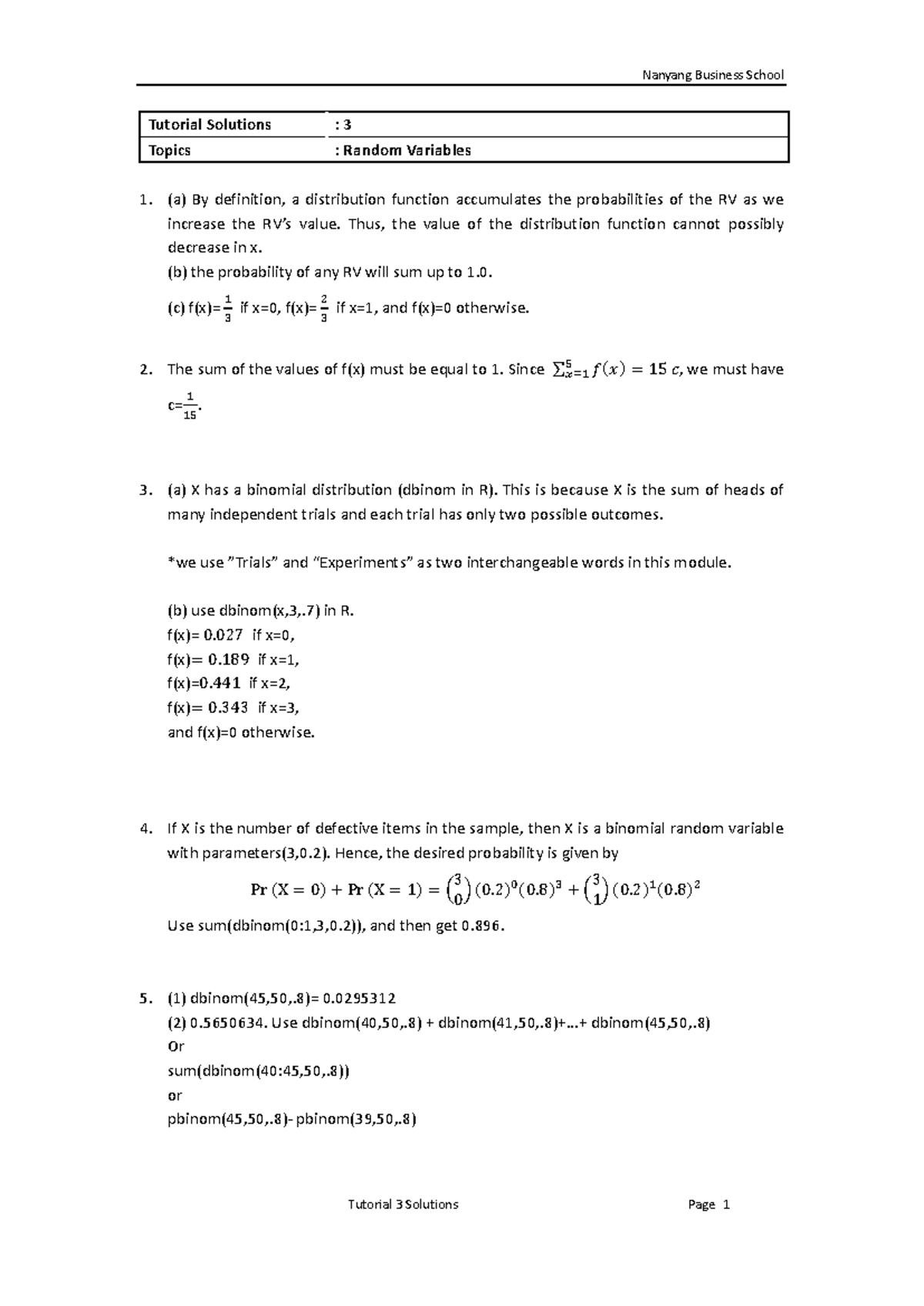 Solutions week 3 - tutorial work - Nanyang Business School Tutorial 3 ...