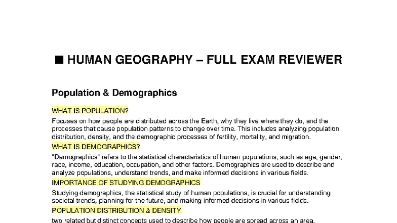 HUMAN GEOGRAPHY 101 FINAL EXAM REVIEWER: Population & Demographics ...
