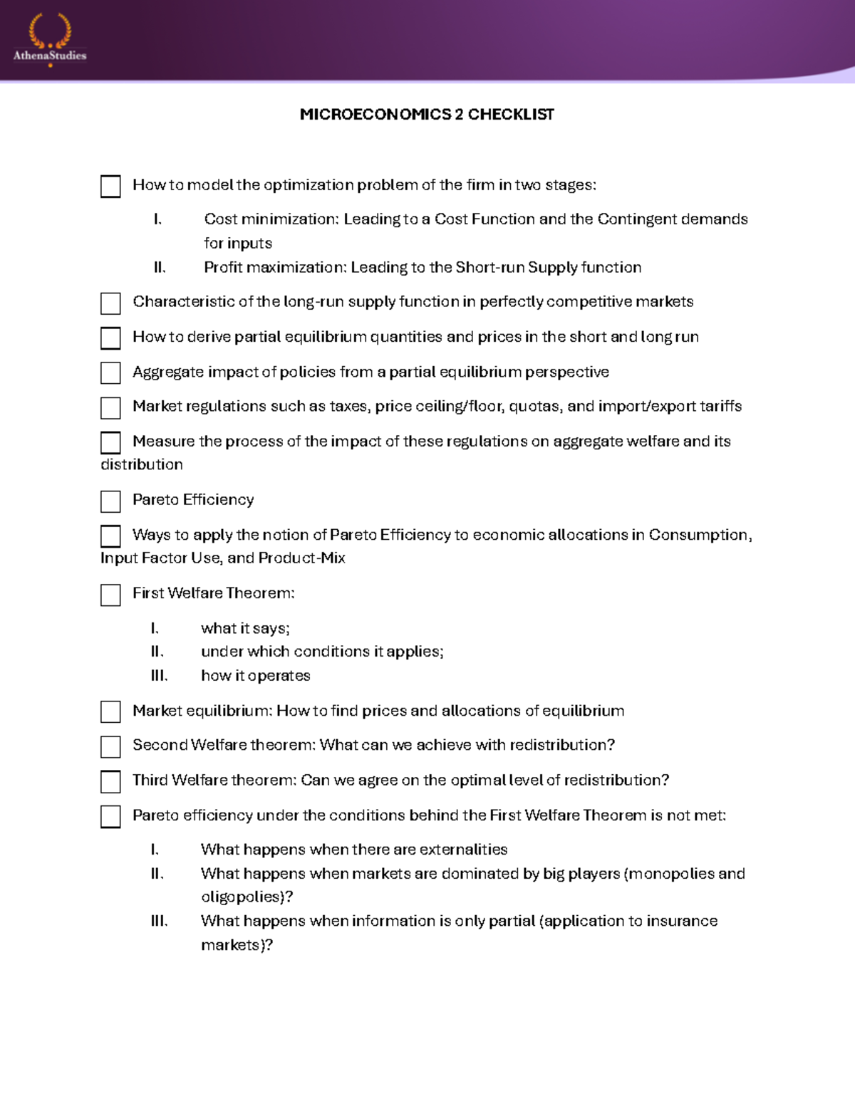 Microeconomics 2 Final Exam Checklist: Optimization, Equilibrium ...