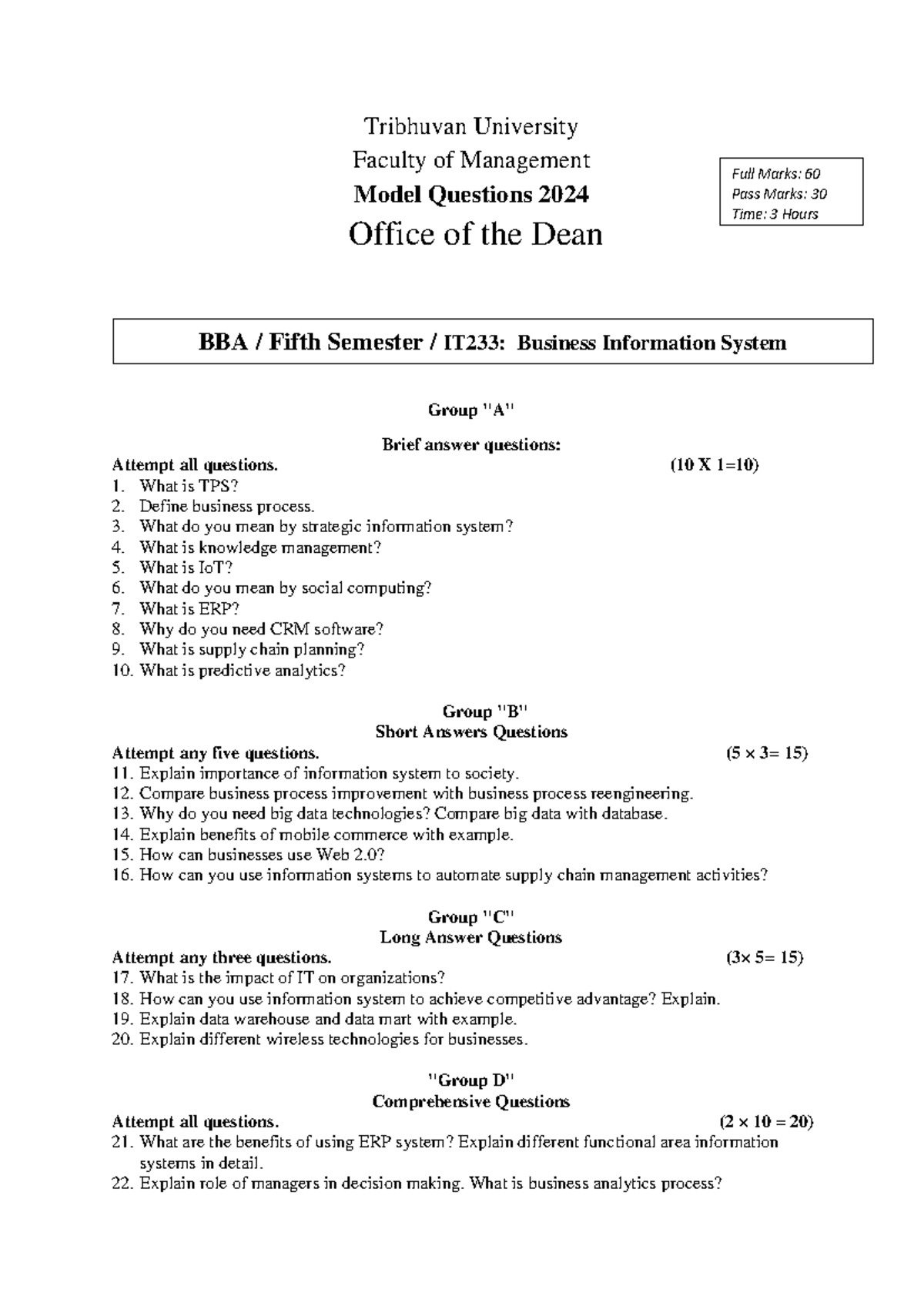 TU BBA 5th Sem IT233 Model Questions 2024 for Business Info Systems ...
