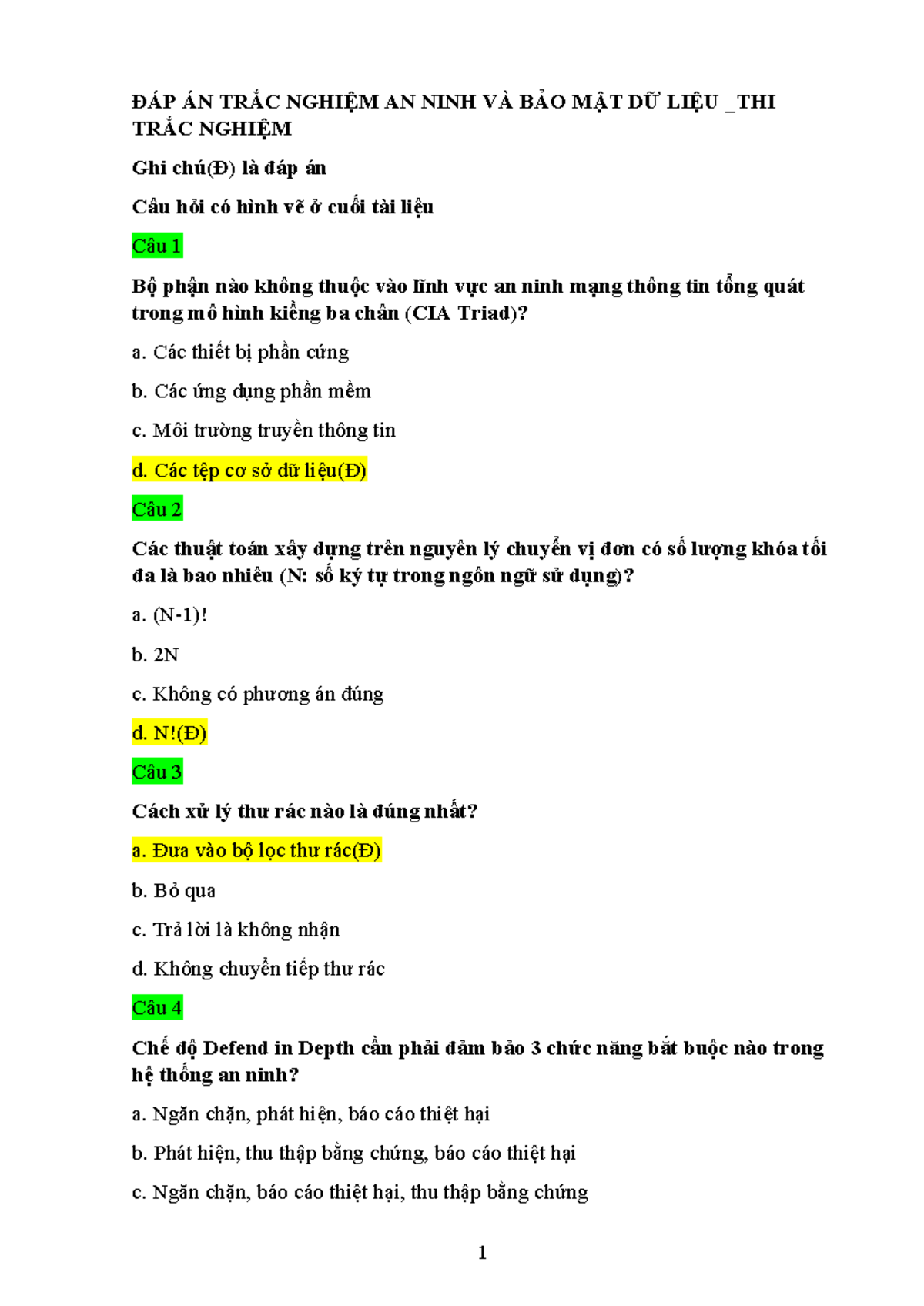 Đáp Án Trắc Nghiệm An Ninh và Bảo Mật Dữ Liệu - IT19-03 - Studocu