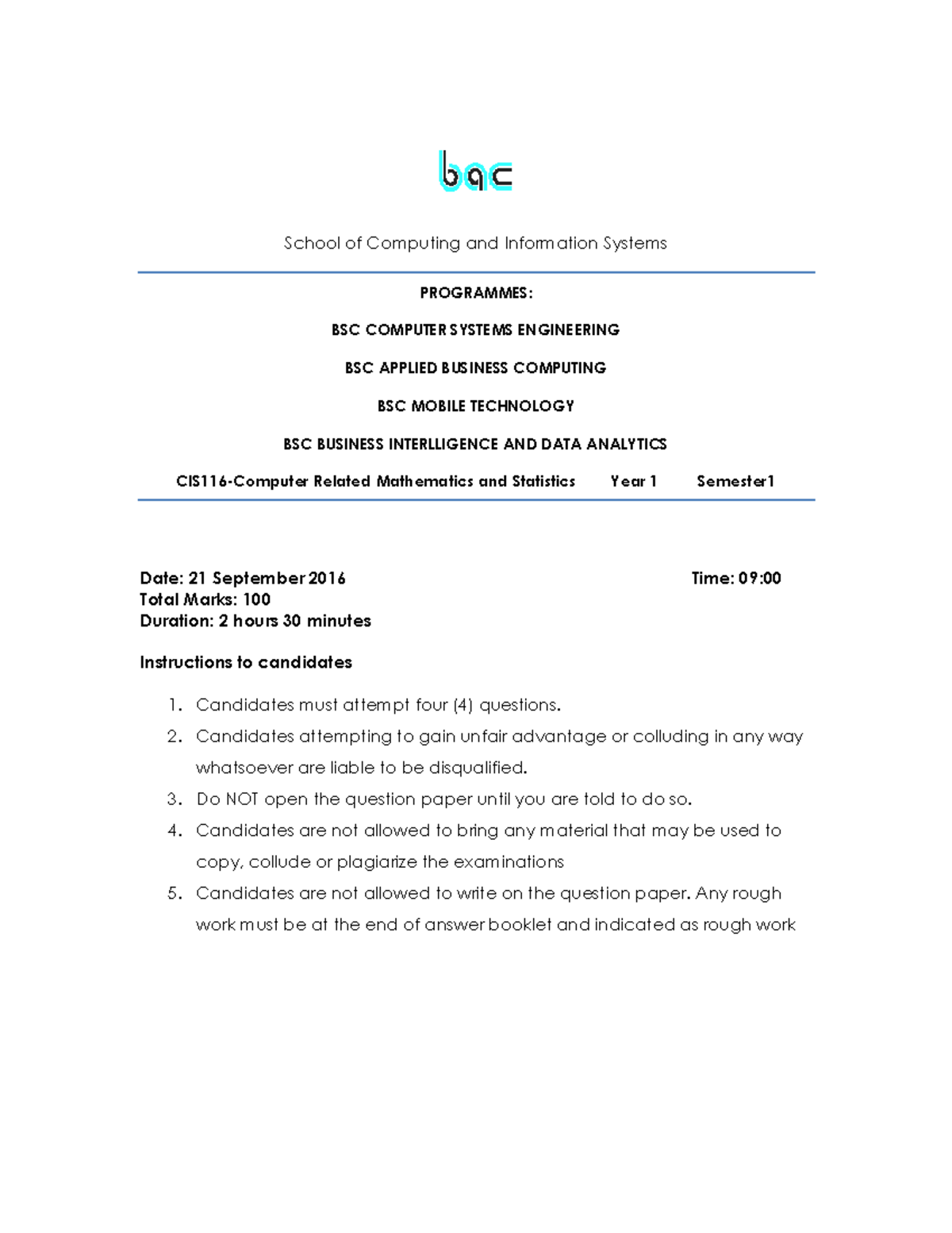 BSC Computer Systems Engineering: Year 1 Math & Stats Exam - Sept 2016 ...
