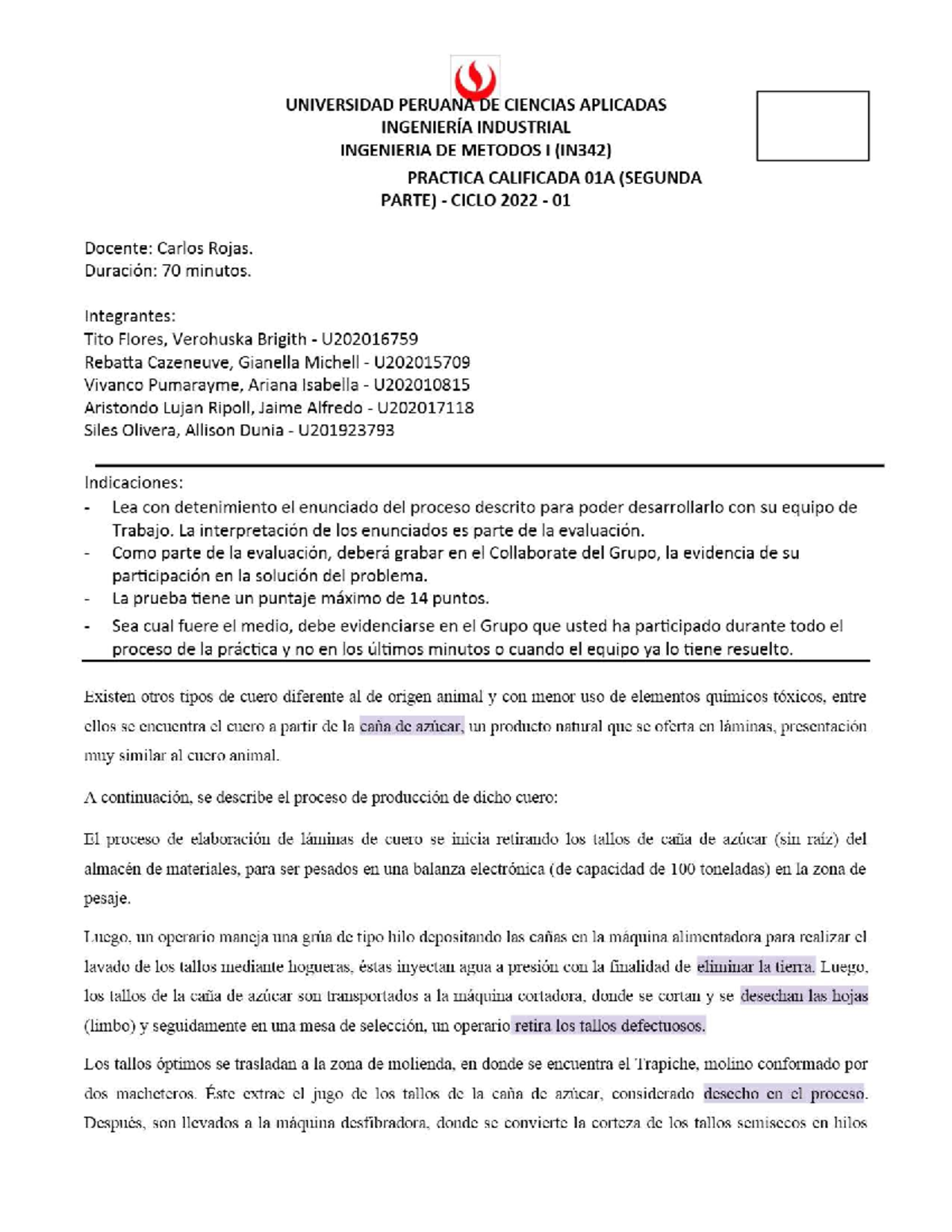 PC1 IN342 Grupo 5 - Desarrollo de Práctica Calificada 01A - Studocu
