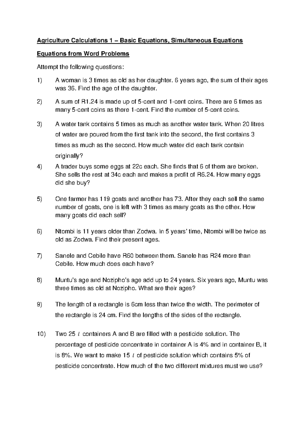 Agriculture Calculations 1: Word Problems & Equations Solutions - Studocu