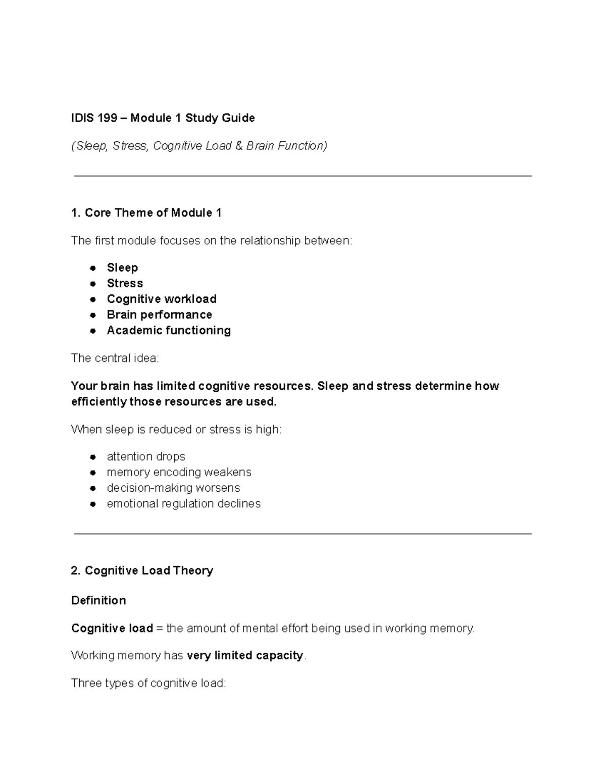 IDIS 199 Module 1 Study Guide: Sleep, Stress & Cognitive Load Effects ...