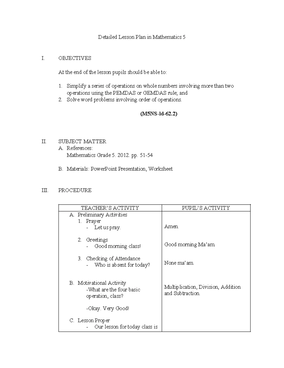DLP 1: Detailed Lesson Plan for Teaching Time in Mathematics - Studocu