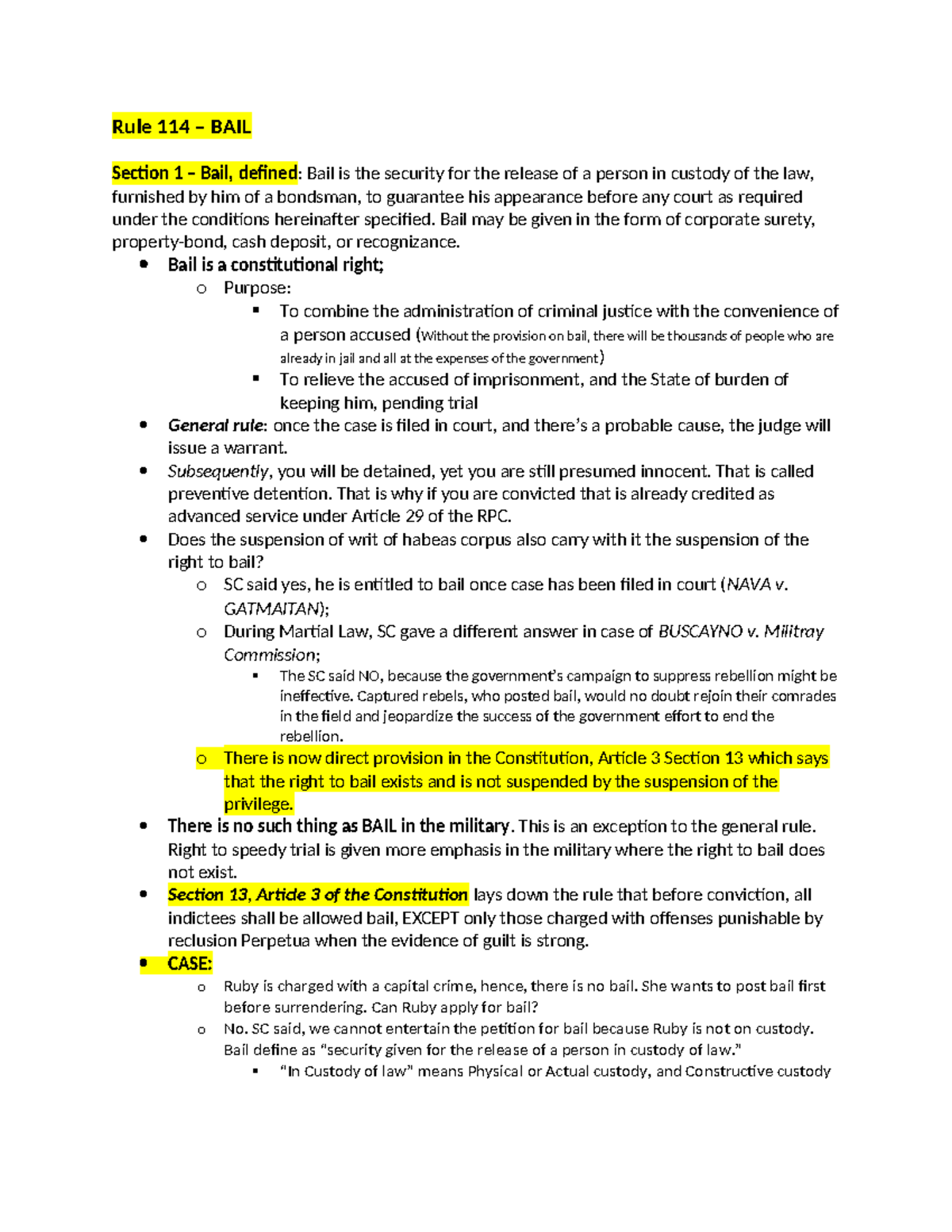 Rule 114: Bail - Comprehensive Lecture Notes & Summary - Studocu