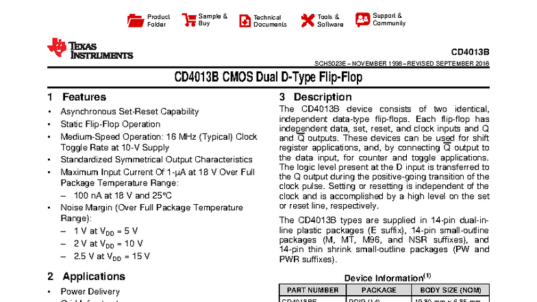 CD4013B CMOS Dual D Flip-Flop Datasheet Overview - Studocu
