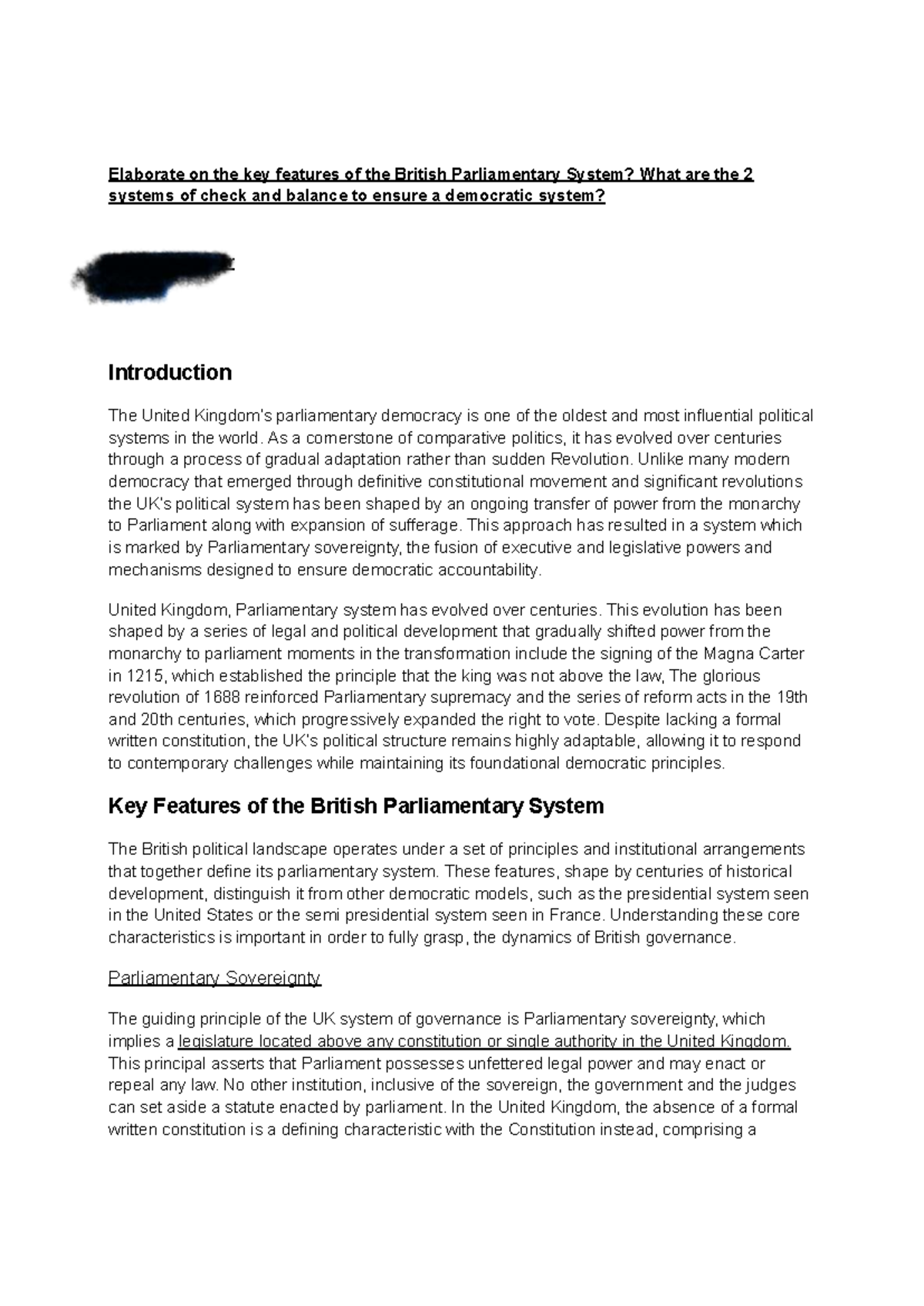 Key Features of the British Parliamentary System & Checks and Balances ...