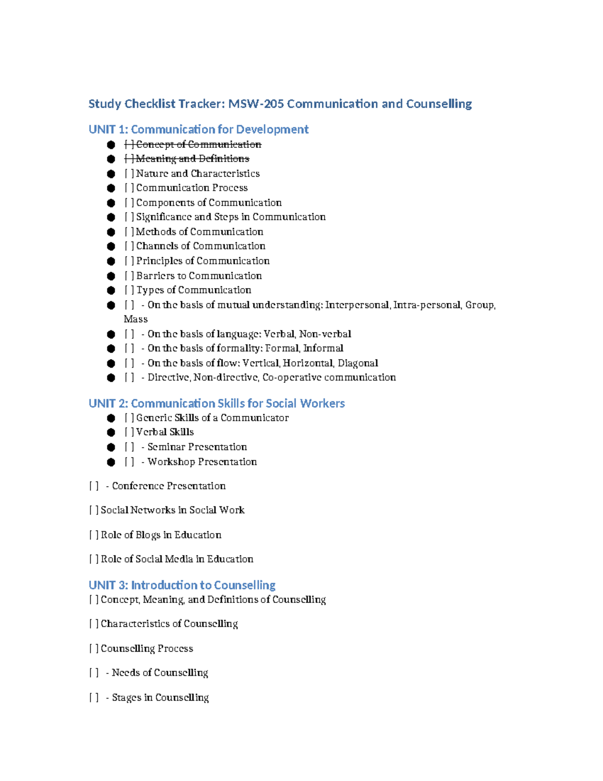 Communication & Counselling Checklist: Unit 1-3 Overview - Studocu