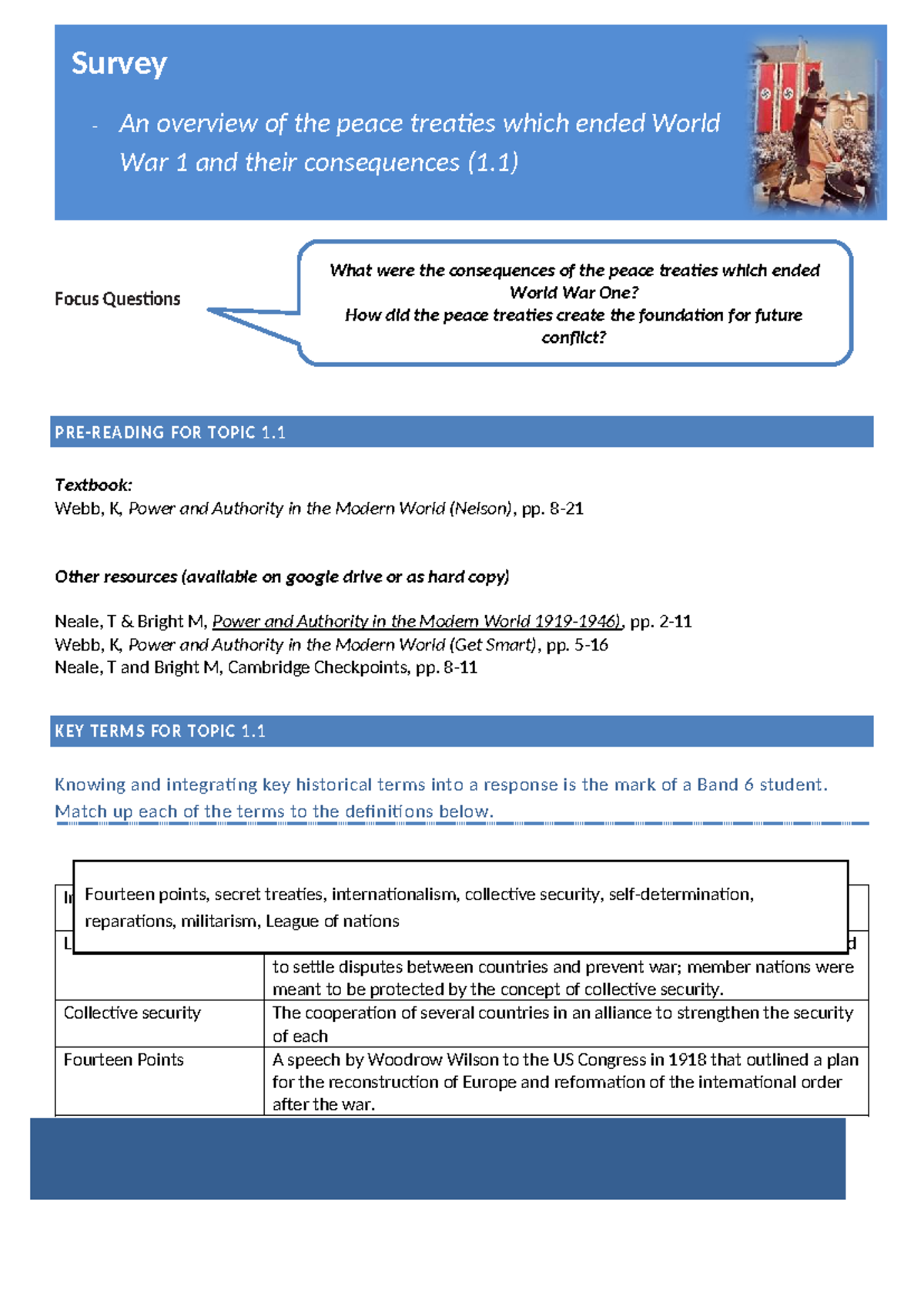 A 1.1 Worksheet (Core) - Consequences of WWI Peace Treaties - Studocu