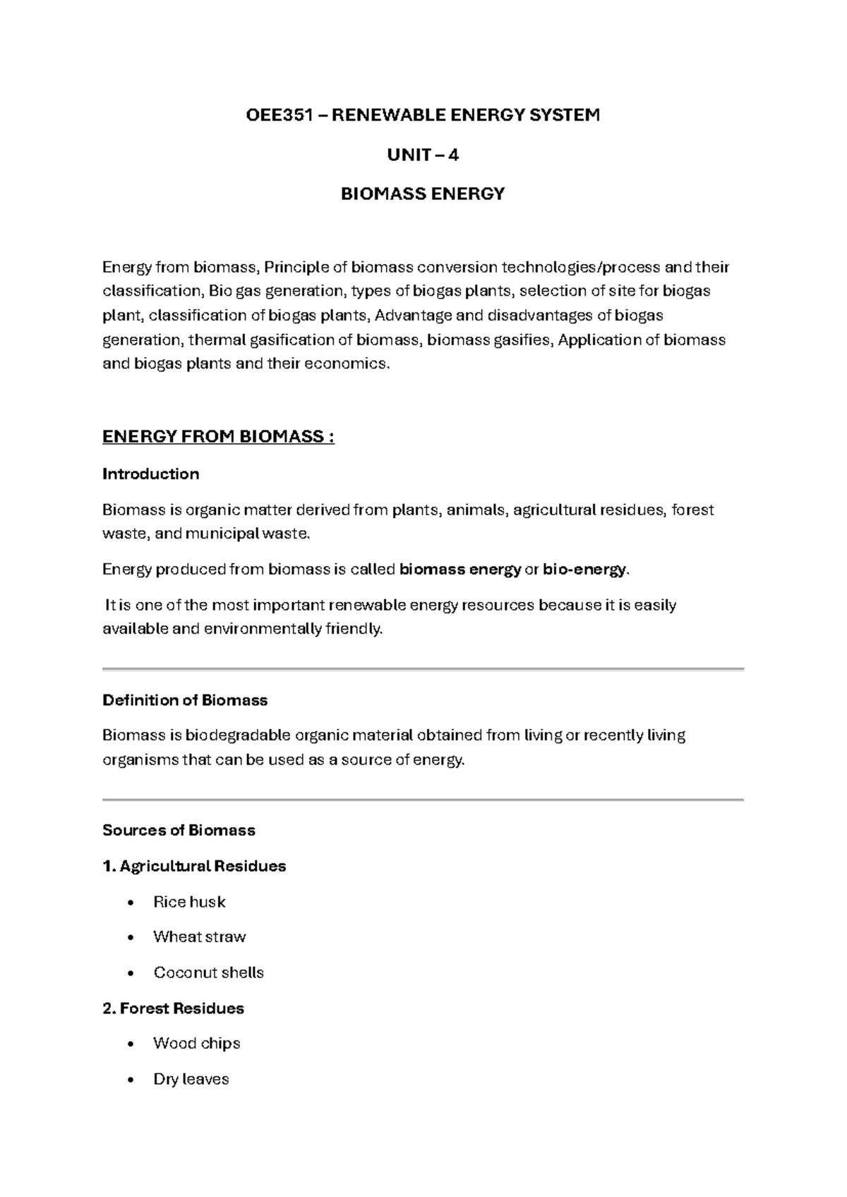 OEE351 RENEWABLE ENERGY SYSTEM UNIT 4: BIOMASS ENERGY NOTES - Studocu