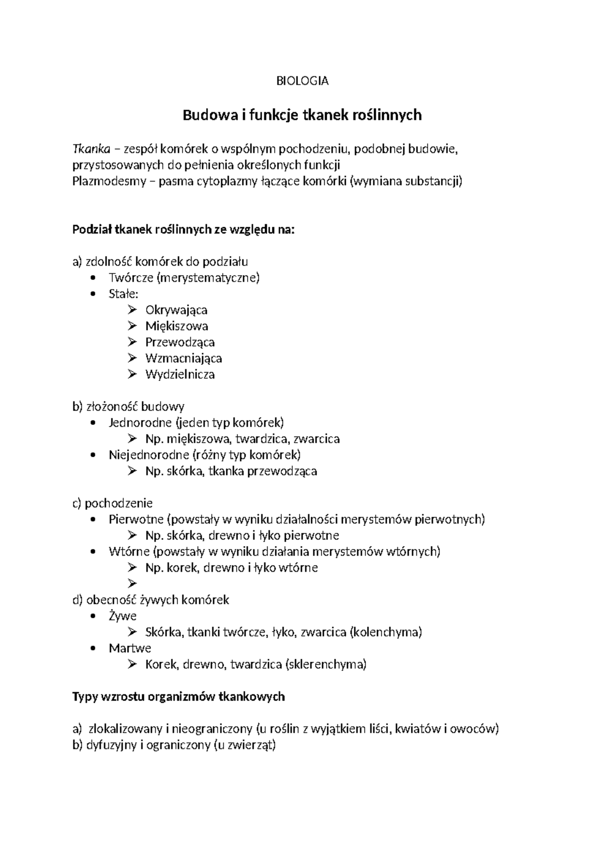 Notatki do biologii: Budowa i funkcje tkanek roślinnych - Studocu