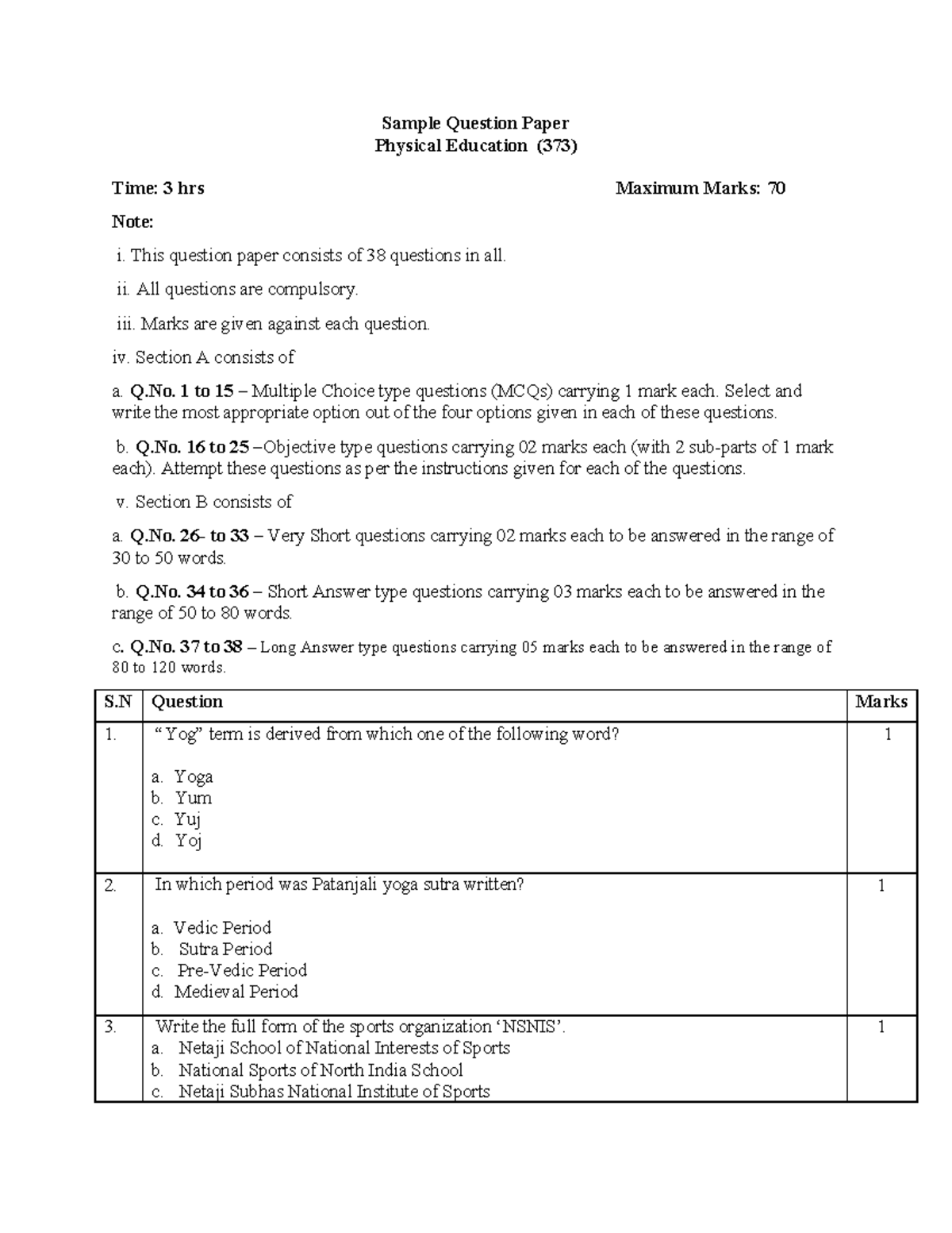 Sample Question Paper for Physical Education (373) - 3 Hours - Studocu
