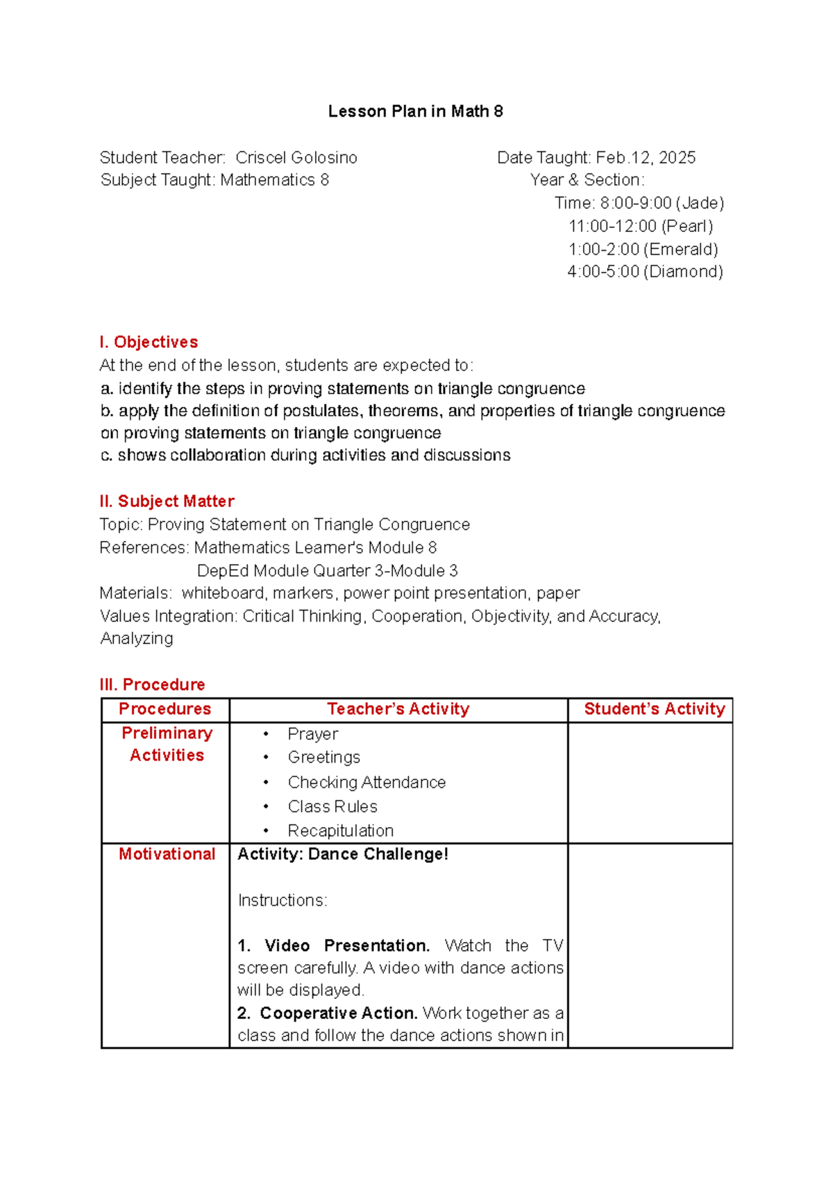 Feb 12 lesson plan - Lesson Plan in Math 8 Student Teacher: Criscel ...