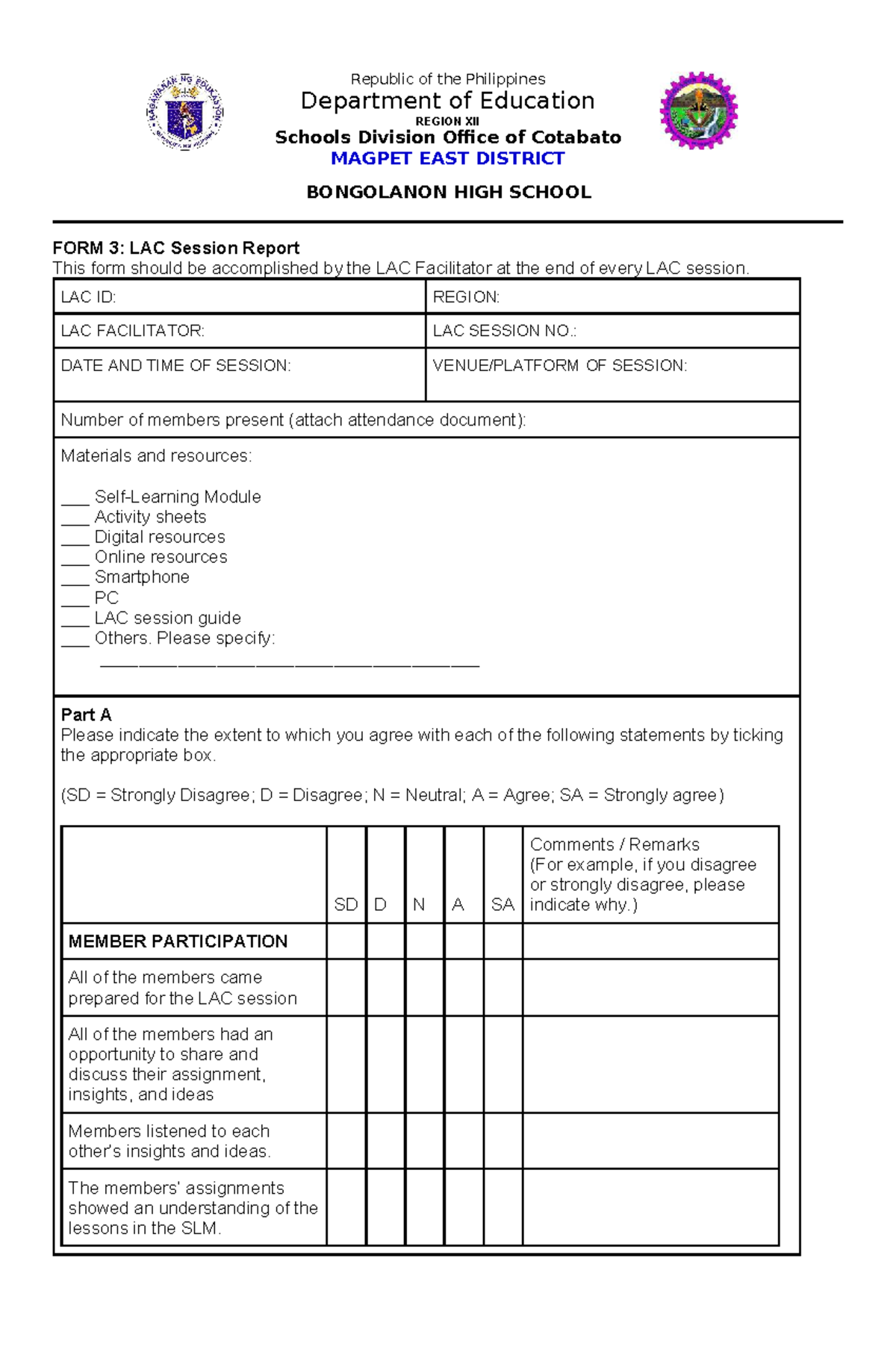 FORM 3: LAC Session Report - Bongolanon High School - Studocu