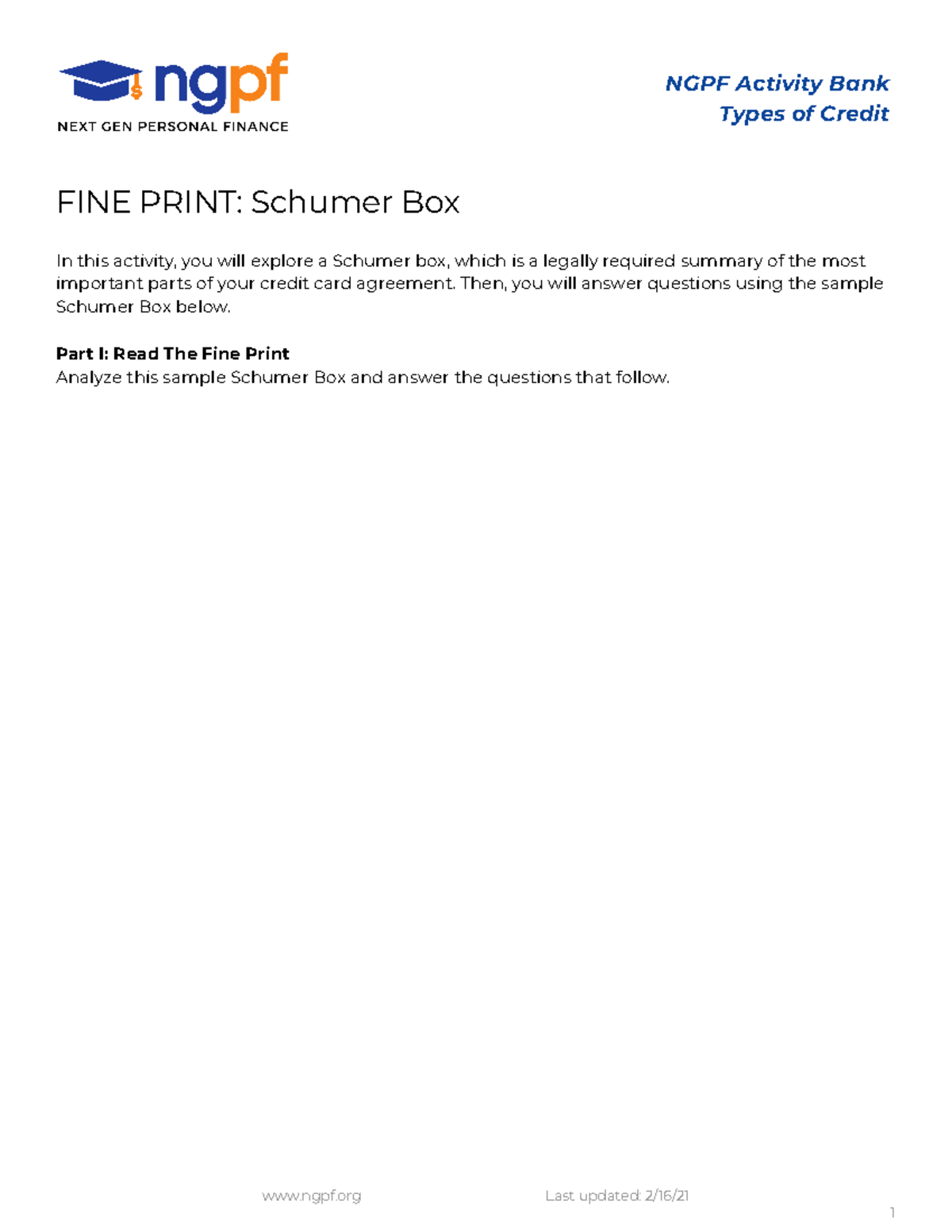 Copy of Copy of FINE Print Schumer Box - NGPF Activity Bank Types of ...