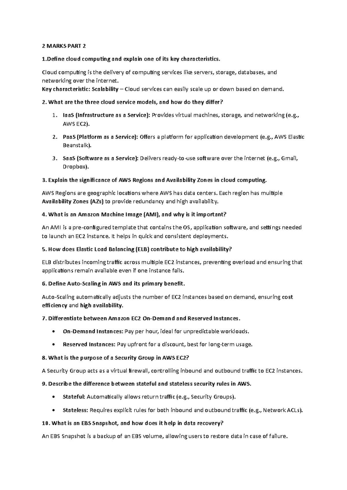 2 MARKS PART 2 - Cloud Computing Concepts and AWS Services - Studocu