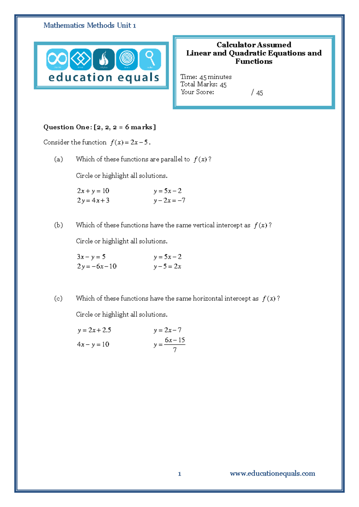 Mathematics Methods Unit 1: Calculator Assumed Linear & Quadratic ...