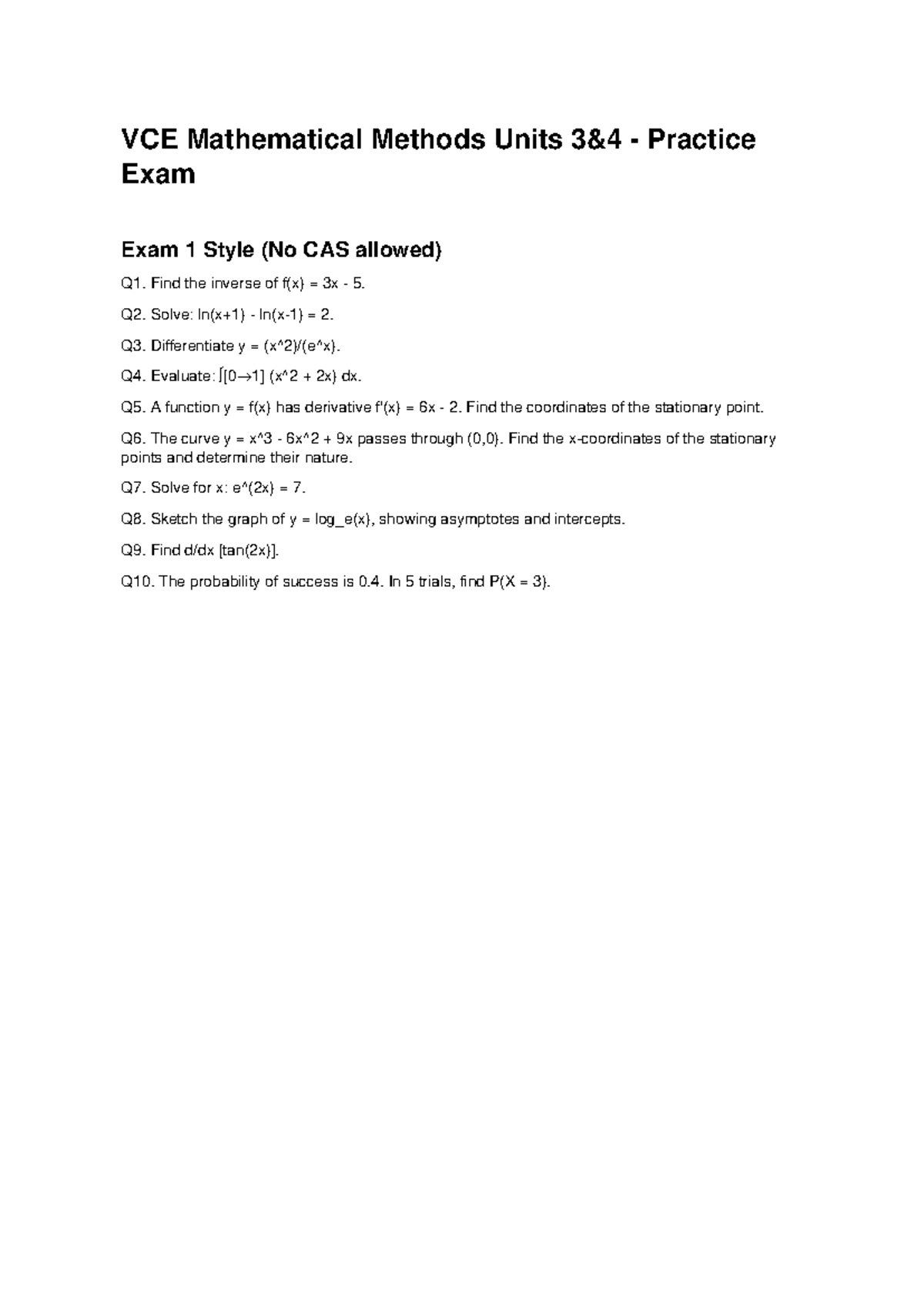 VCE Mathematical Methods Practice Exam - Exam 1 & 2 Style - Studocu