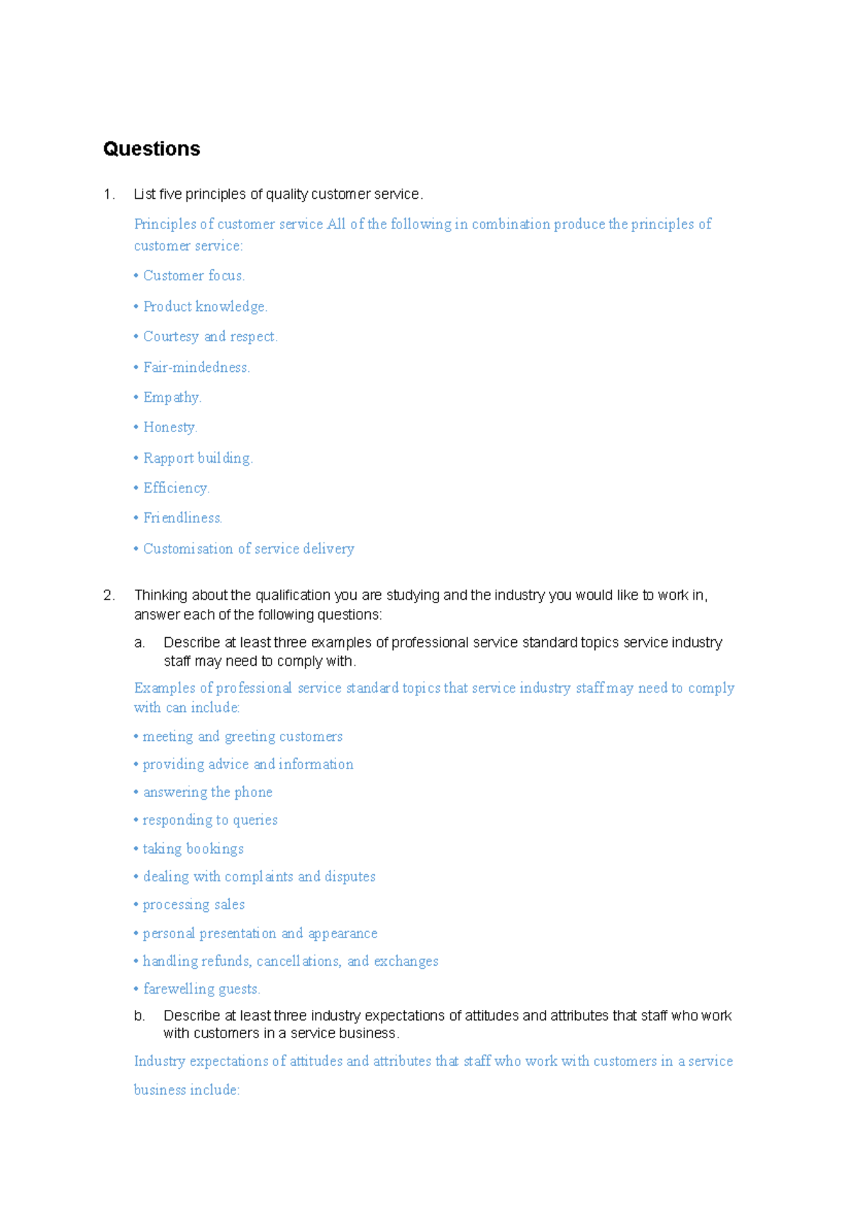 Quality Customer Service Principles & Standards - Course Code HOSP101 ...