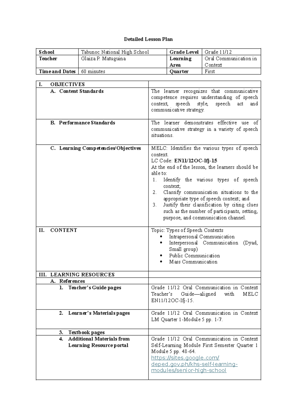 DLP English 11/12: Lesson Plan on Types of Speech Context - Studocu