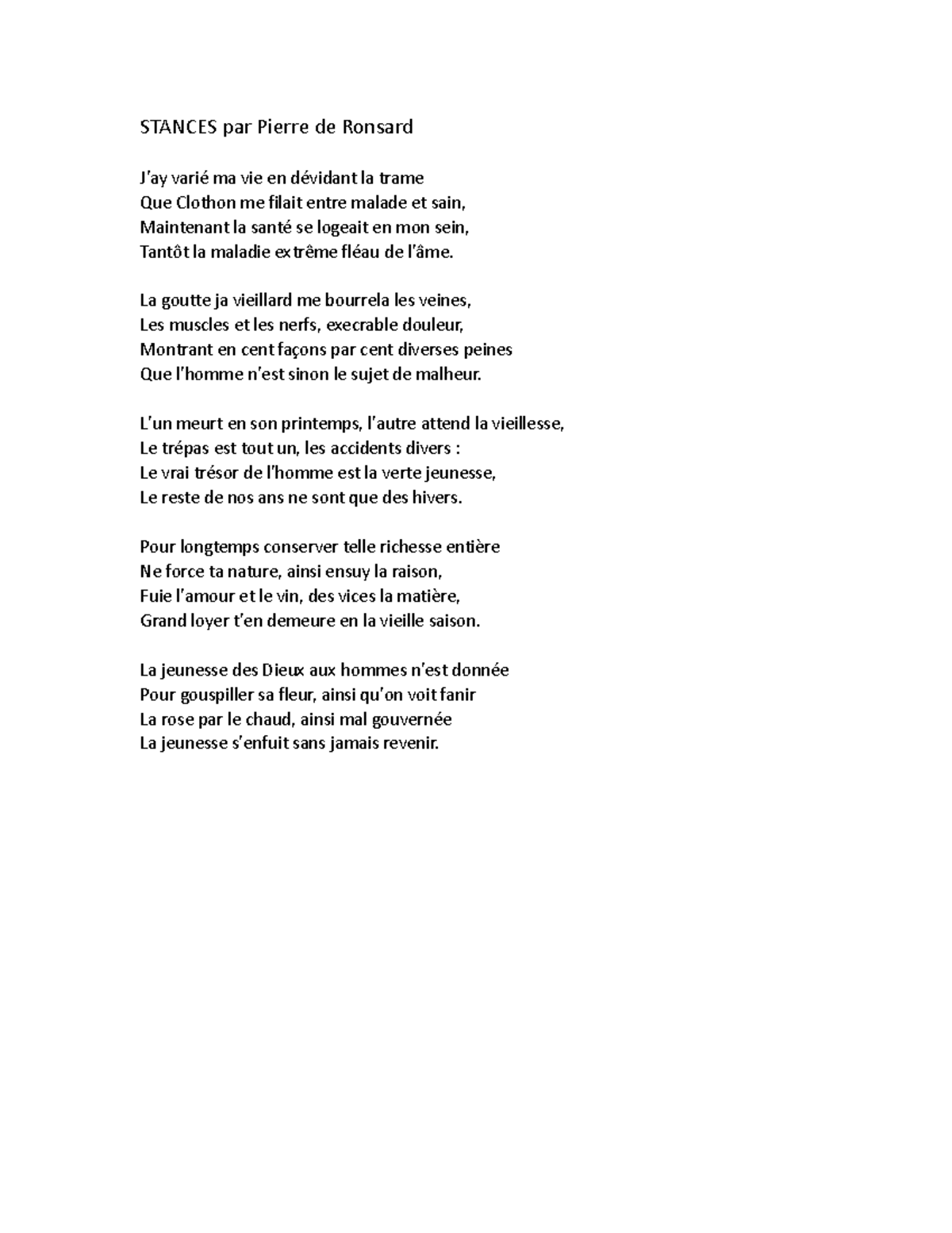 Analyse littéraire pour 101 (1) 2 - STANCES par Pierre de Ronsard J'ay ...