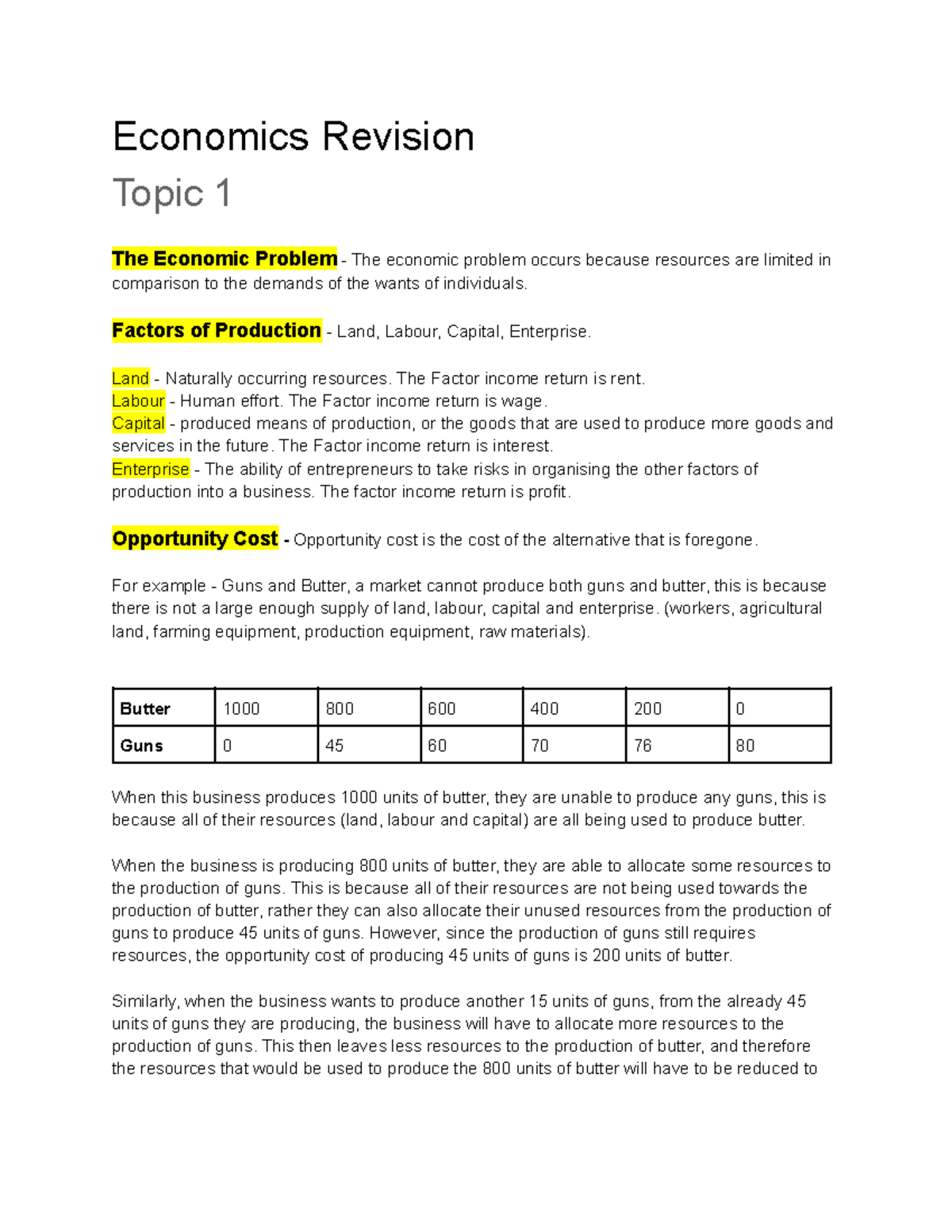 Economics Revision - Economics Revision Topic 1 The Economic Problem ...