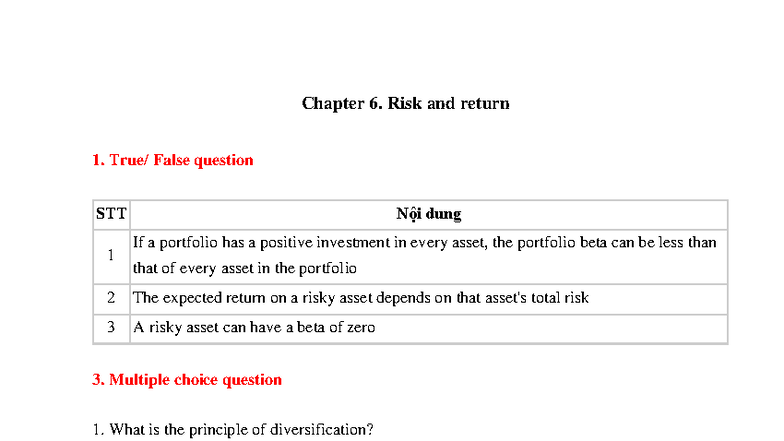 Chapter 7. Risk and Return: Key Concepts and Questions - Studocu