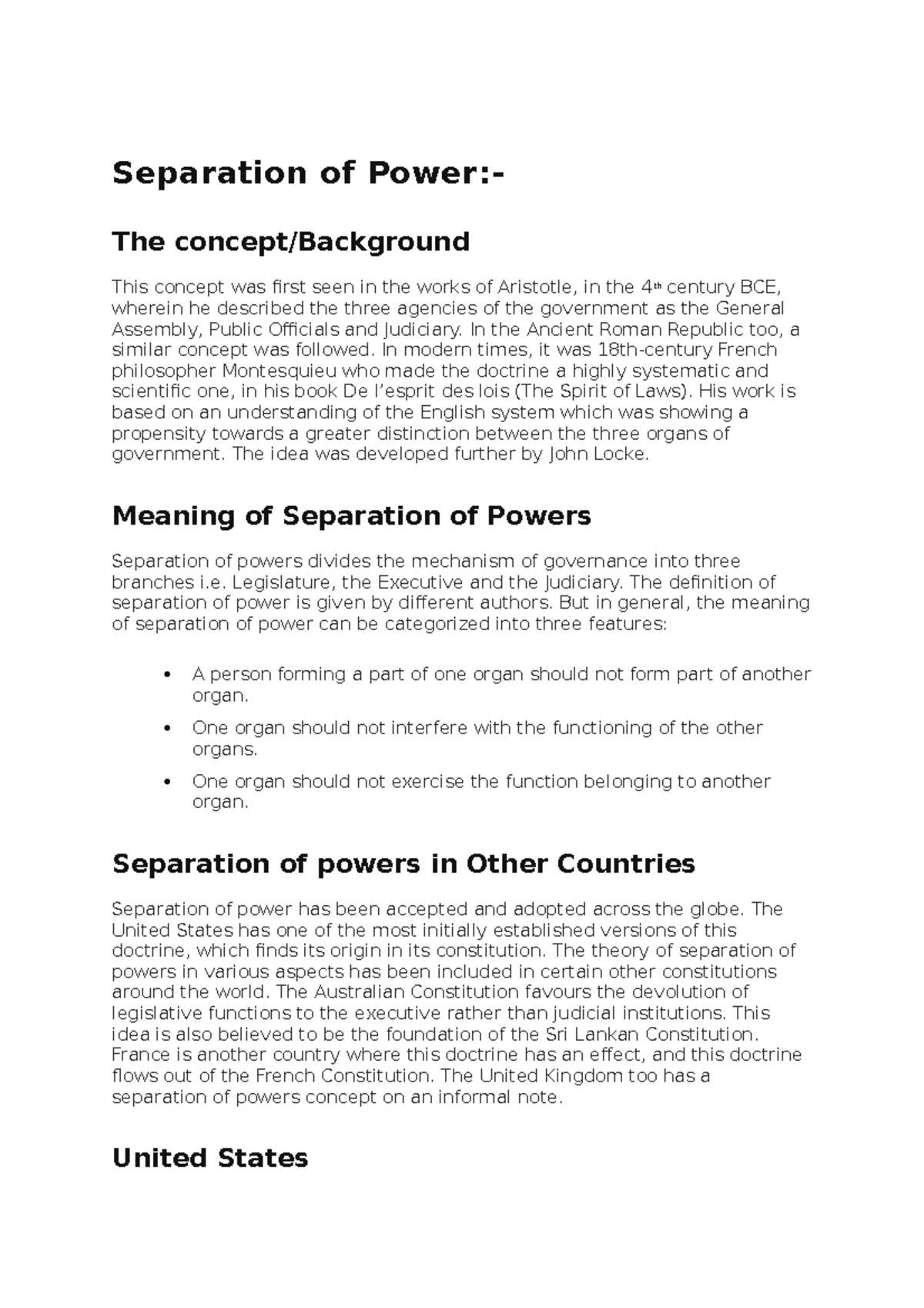 Separation of Powers: Analysis and Global Perspectives - Studocu