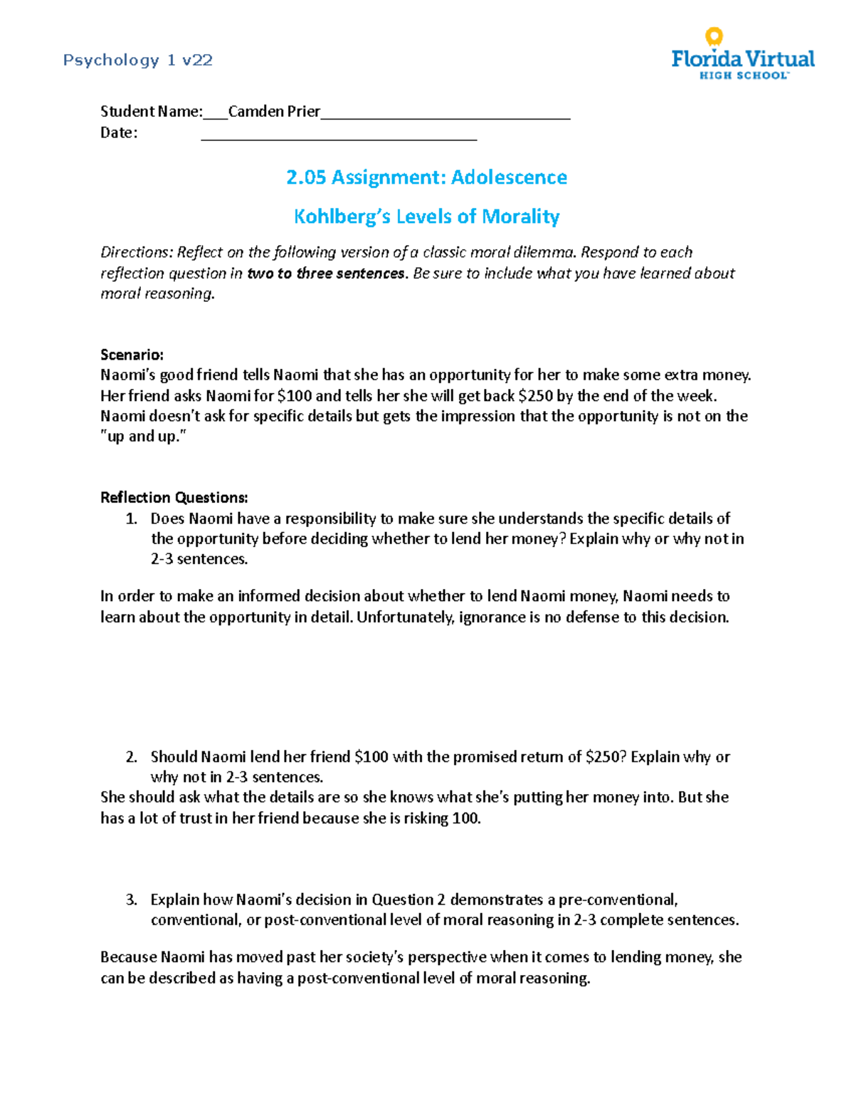 Psychology 1: Assignment on Kohlberg's Morality Levels (2.05) - Studocu