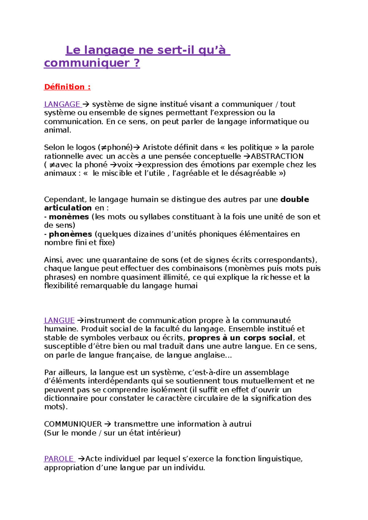 LANGAGE 101 : Définition et Problématiques de la Communication - Studocu