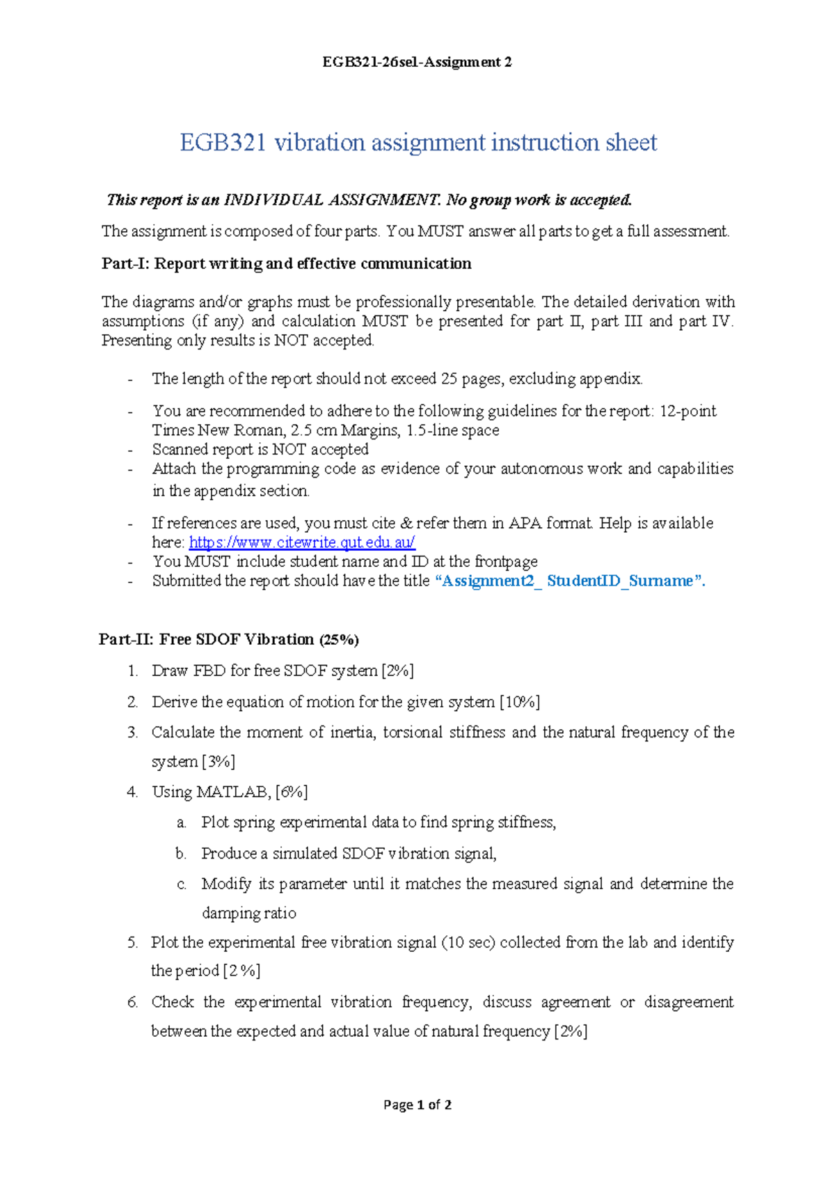 EGB321 Vibration Assignment Instructions: Free SDOF Analysis - Studocu