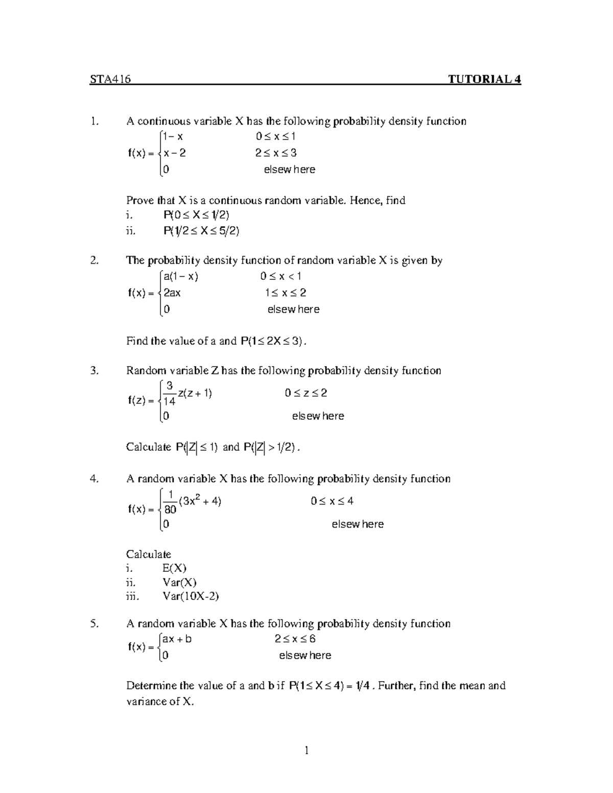 Tutorial 4 STA416 - tuto - STA416 TUTORIAL 4 1. A continuous variable X ...