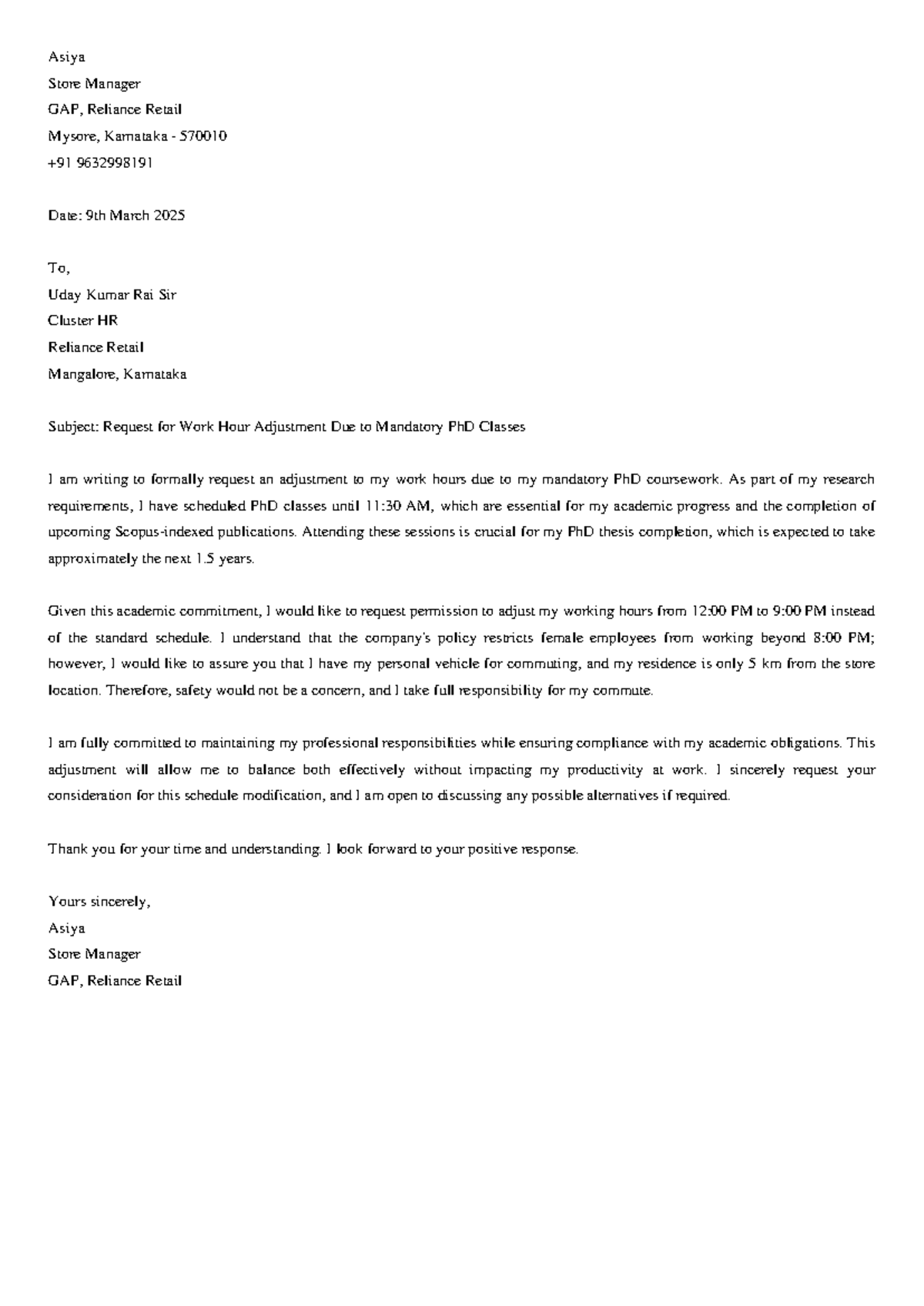 HR Letter: Request for Work Hour Adjustment Due to PhD Classes - Studocu