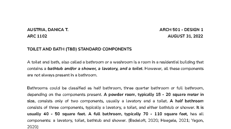 ARC 1102: Toilet and Bath Standard Components Overview - Studocu