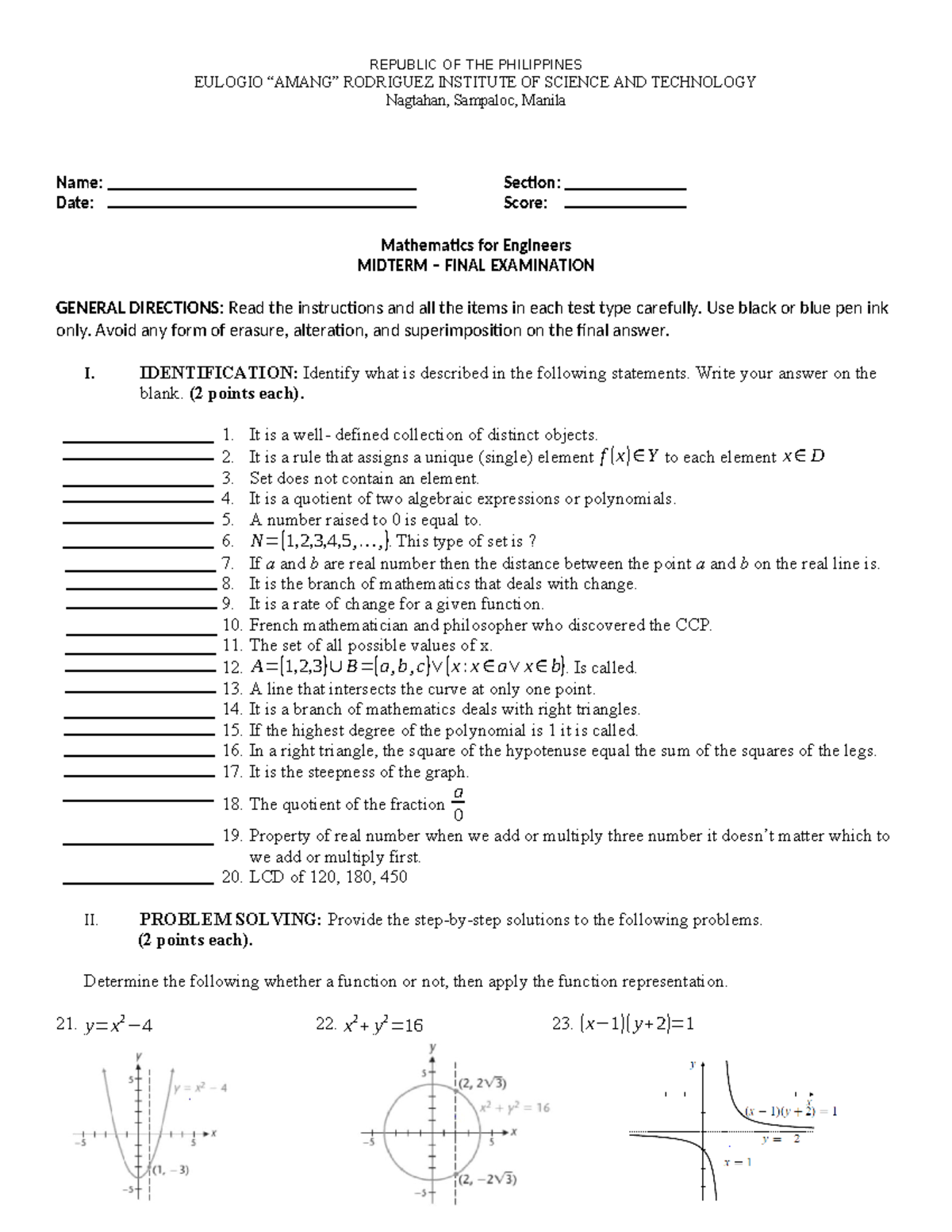 Mathematics for Engineers (MATH101) Midterm-Final Exam Review - Studocu