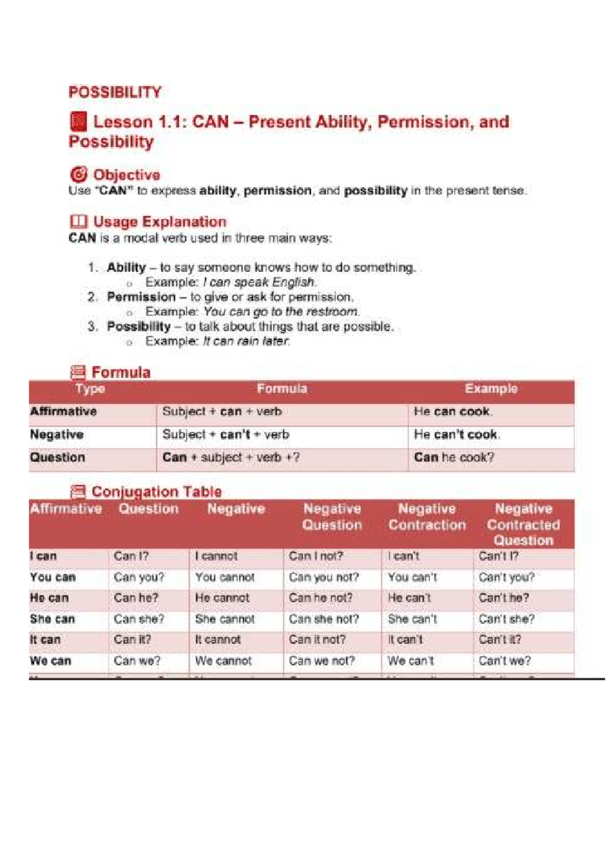 POSSIBILITY Lesson 1.1: CAN Modal Verbs for Ability & Permission - Studocu