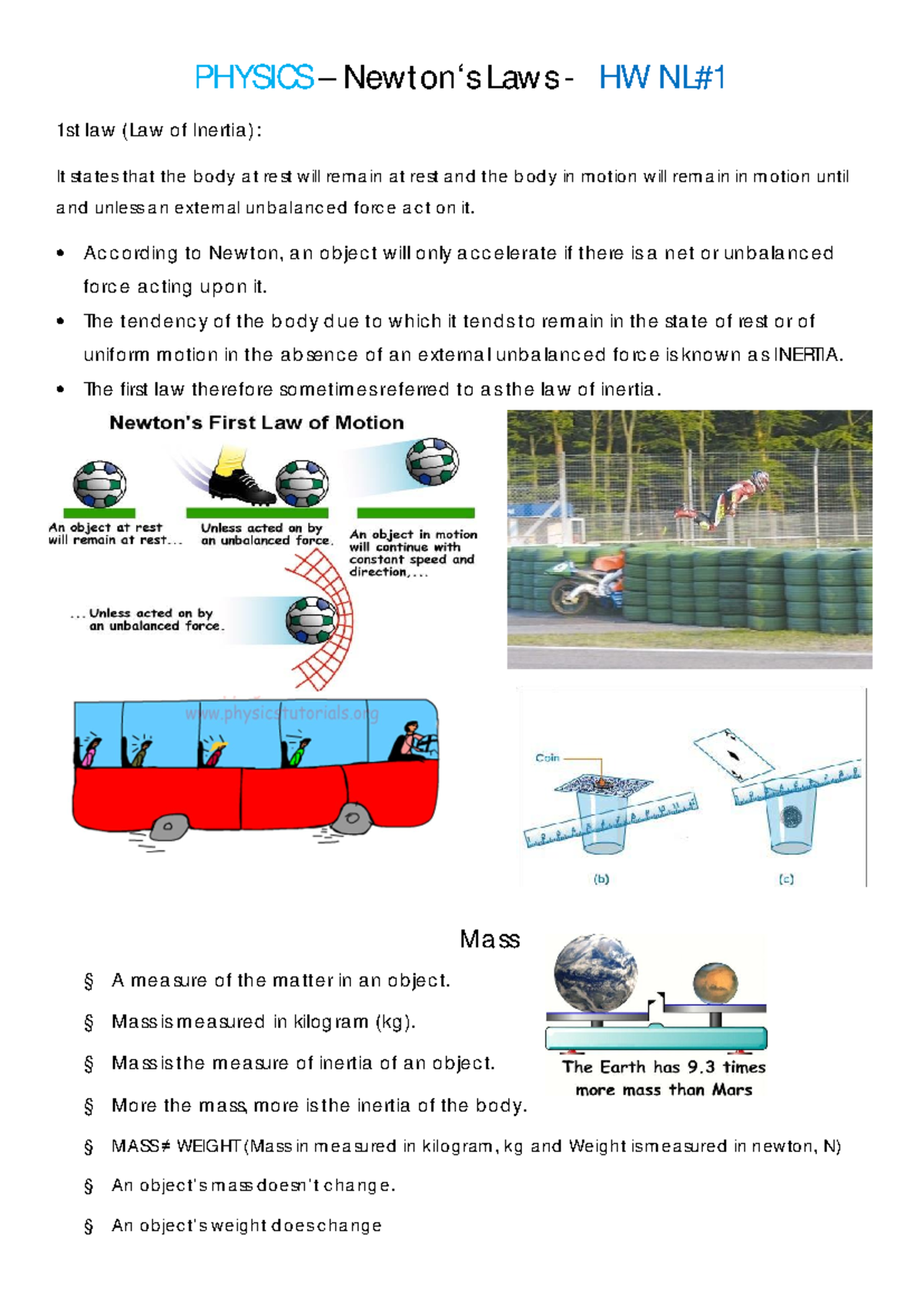 HW-1 -NL1 and 2 Answers - PHYSICS – Newton‘s Laws - HW NL# 1st law (Law ...
