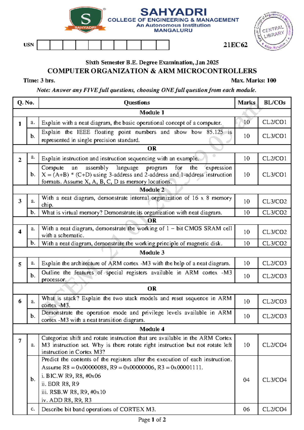 BE-21EC62 Sixth Sem Exam Jan 2025: Computer Organization & ARM Microcontrollers - Studocu